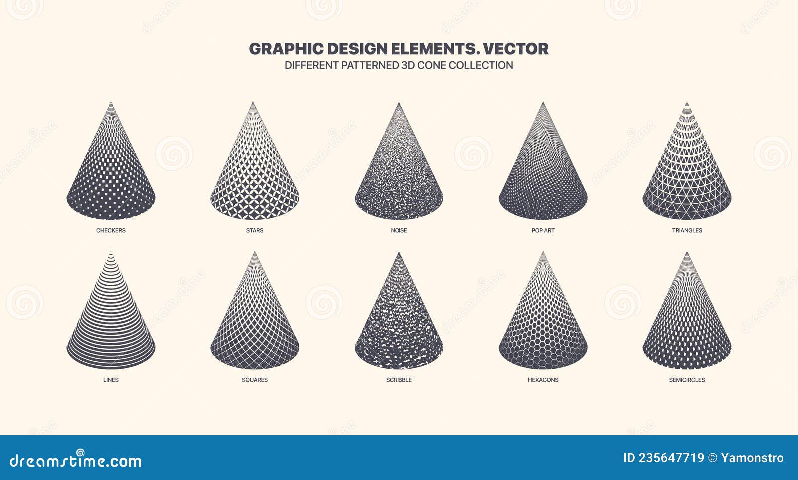 Assorted Various Patterned 3D Cones Vector Set Isolated on White ...