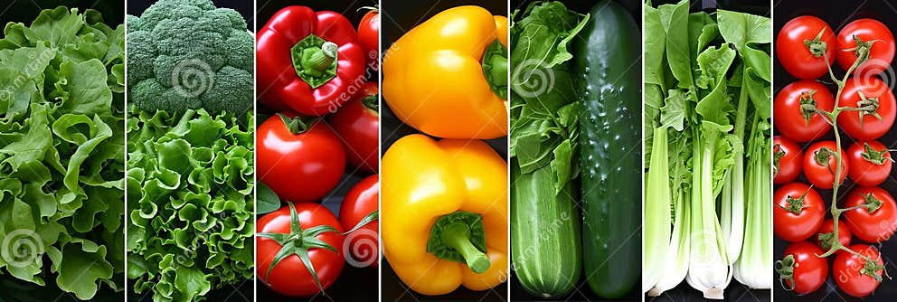 Assorted Vegetable Products Collage with White Vertical Lines Bright ...