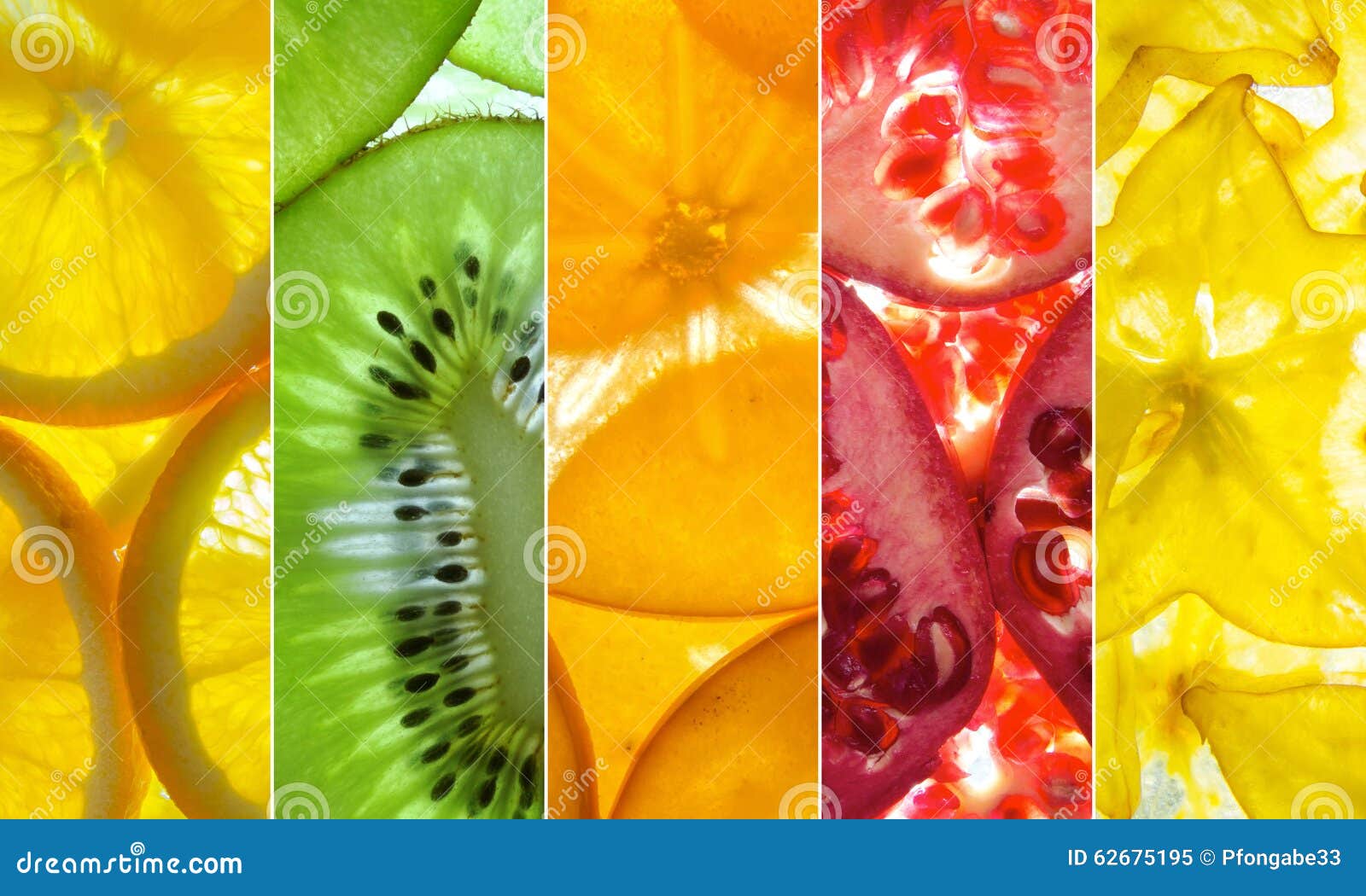 Assorted Vertical Collage of 5 Back Lit Fruit Slices Stock Image ...