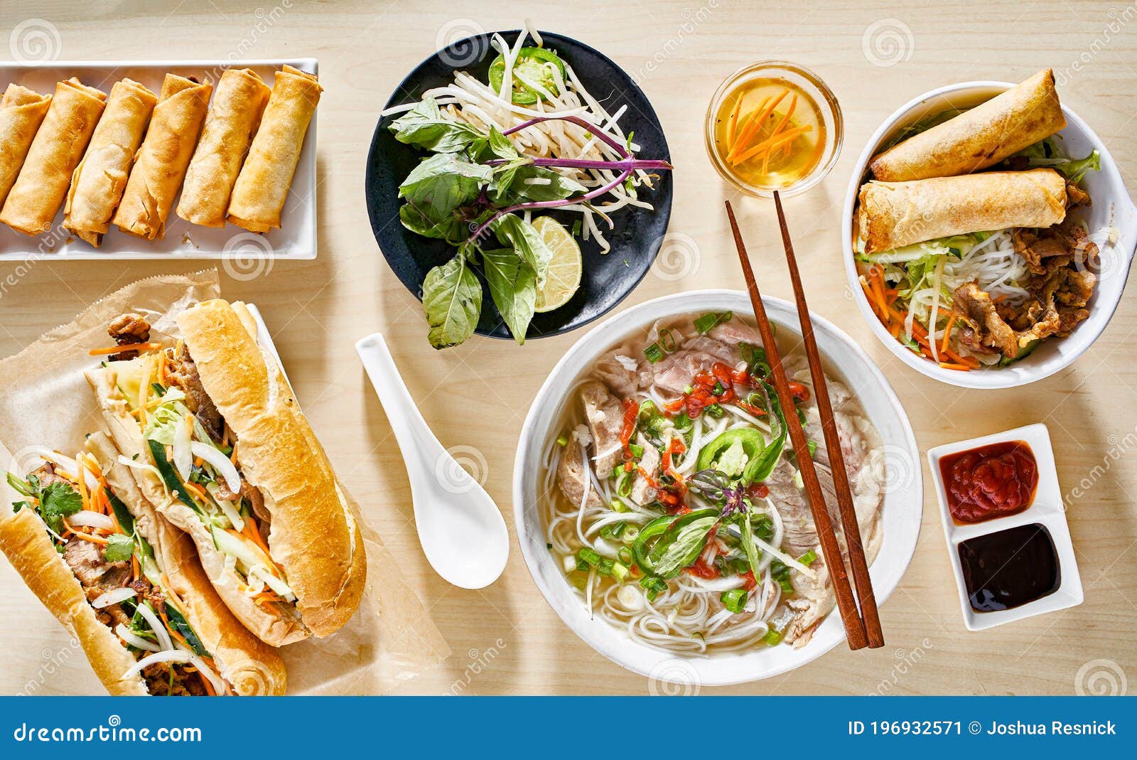 Assorted Vietnamese Dishes with Pho, Bahn Mi, Spring Rolls Stock Image ...