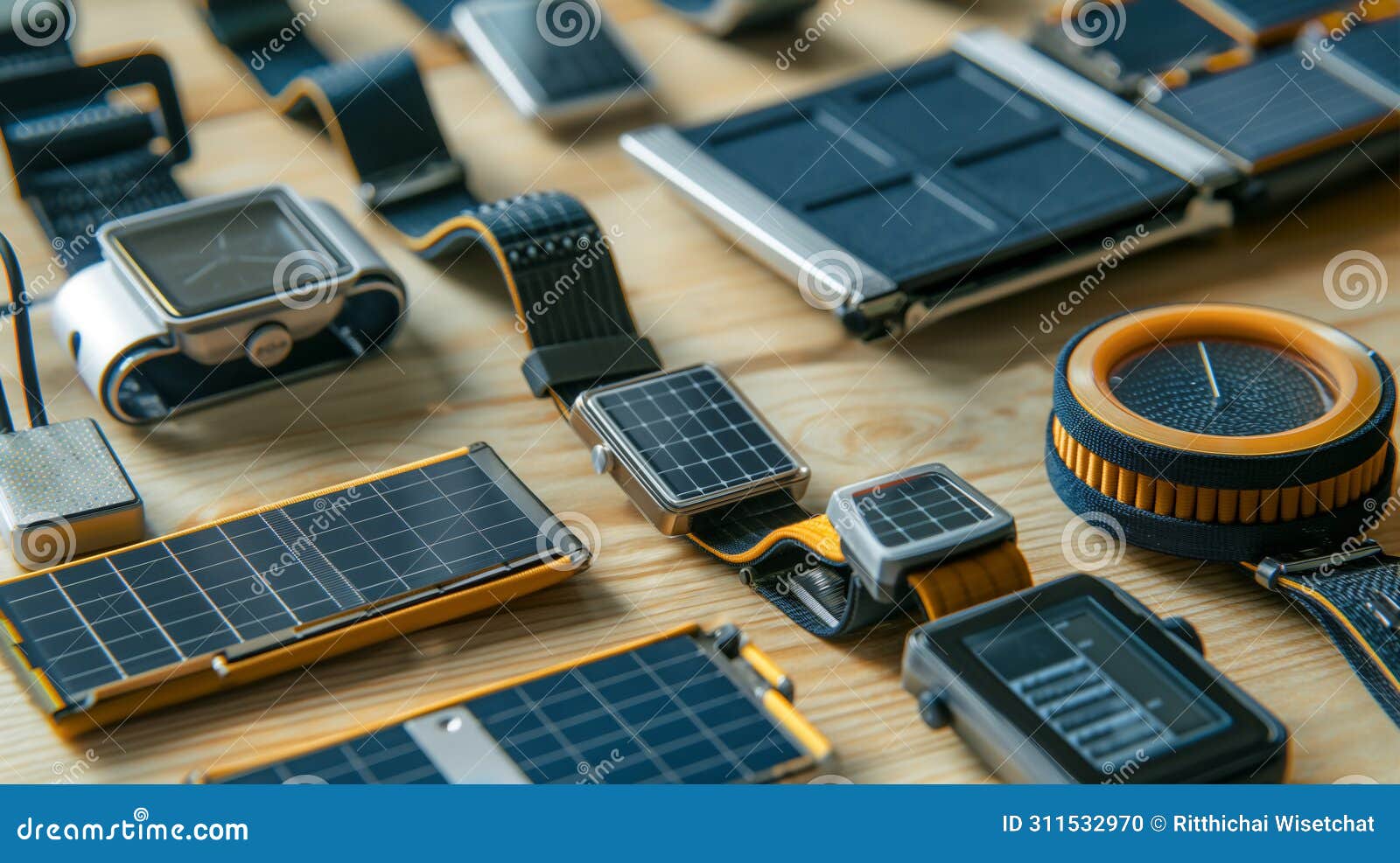 Assorted Wearable Solar-powered Devices on a Wooden Surface. Stock ...