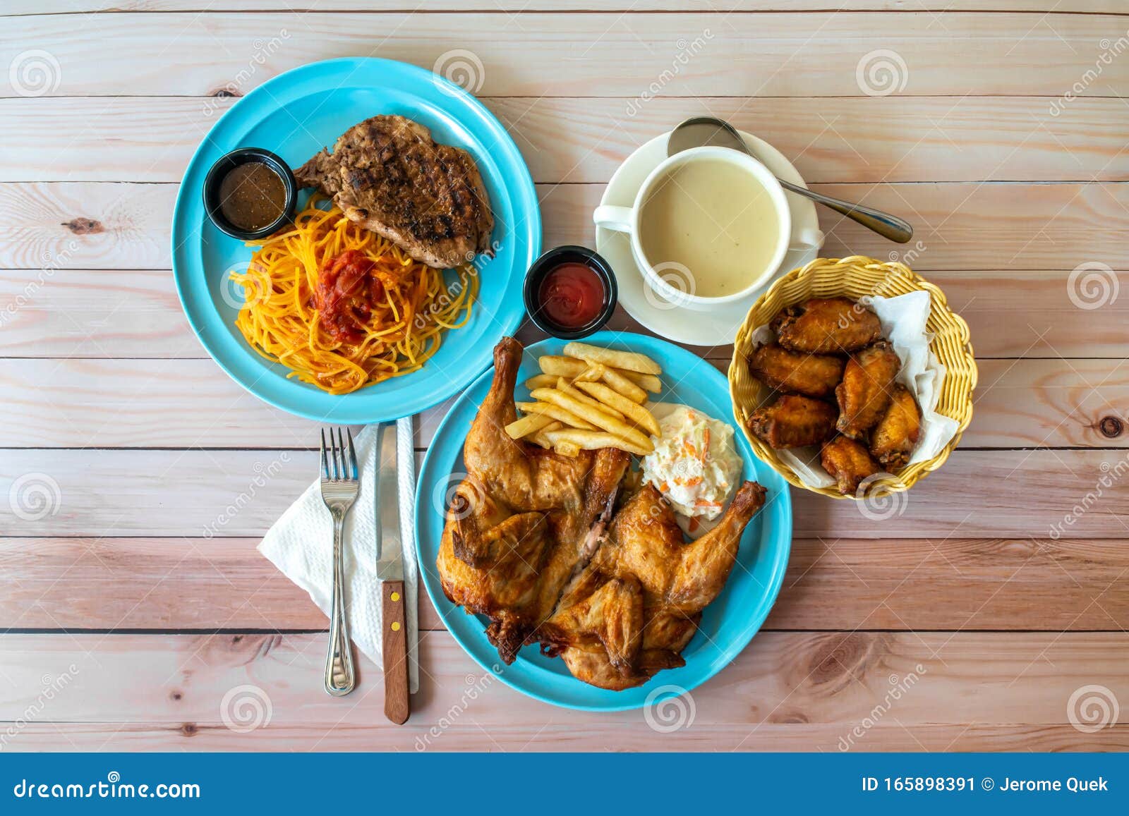 Assorted Western Food Main Course on Table. Flat Lay Top Down View ...