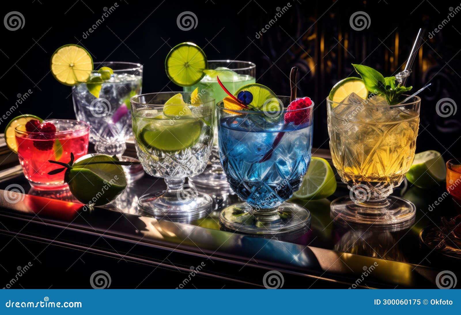 An Assortment of Alcoholic Drinks with a Lime, Lemon and Garnishes ...