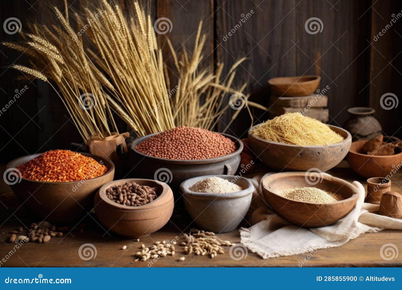 Ancient Grains, Nuts Seeds Health Food In Rustic Low Light Setting ...