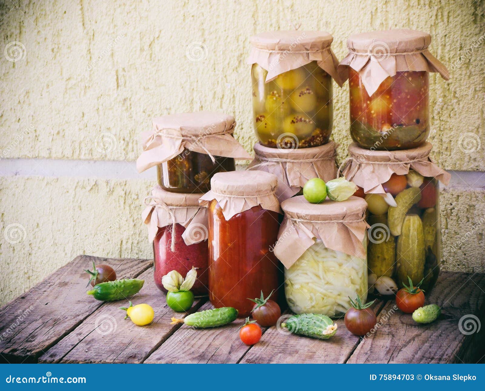 Assortment Autumn Preserves. Jars of Pickled Vegetables and Jam Stock ...