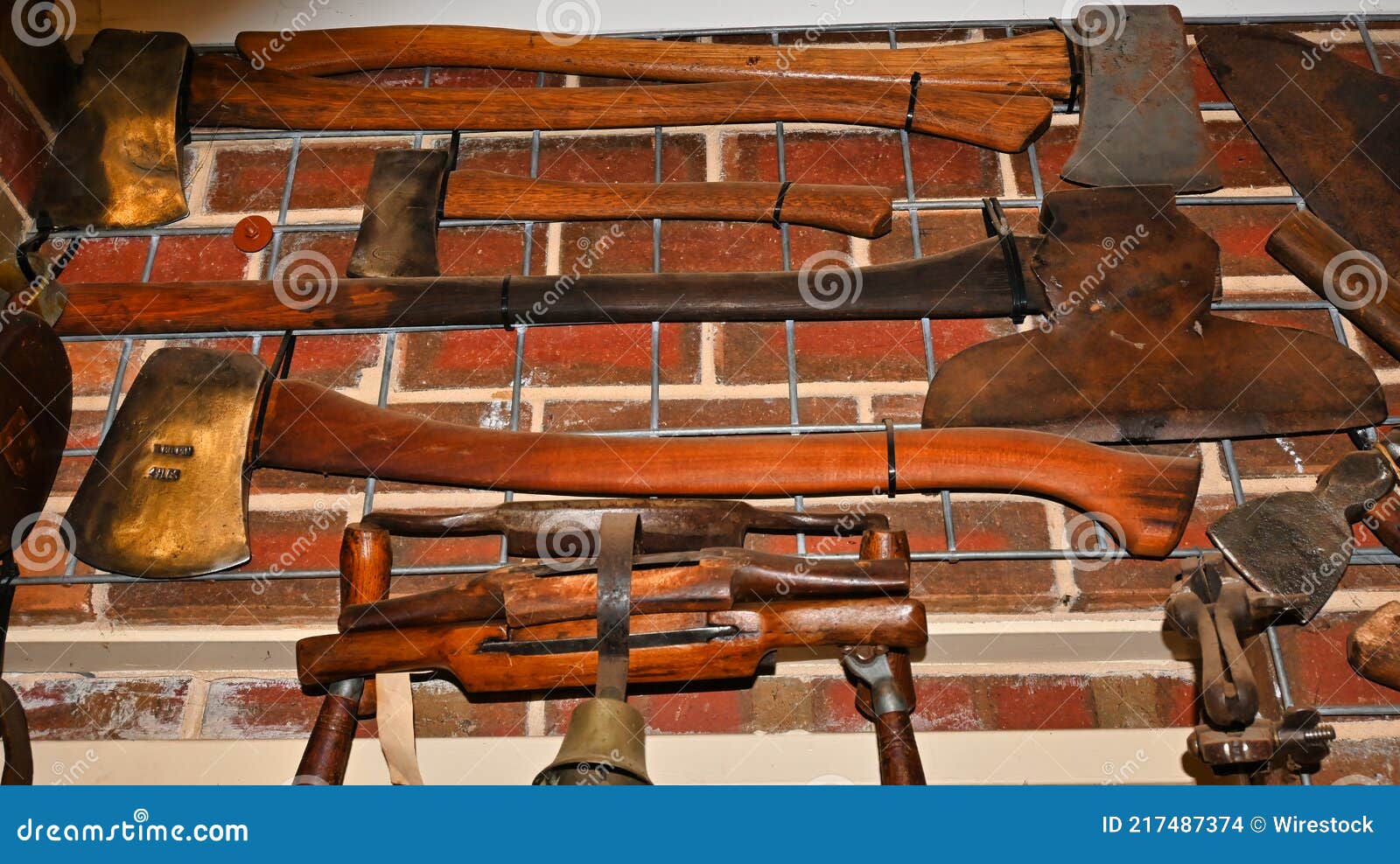 Assortment of Axes on a Wall Display Editorial Stock Image - Image of ...