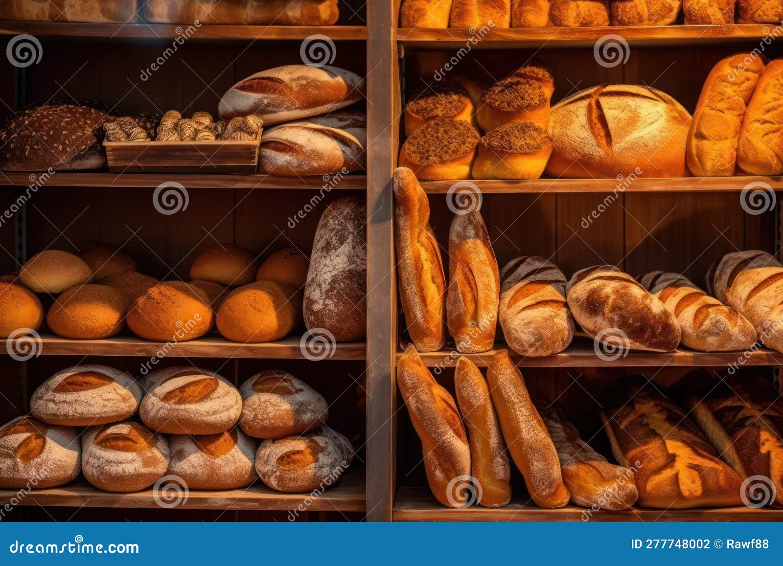 Assortment Of Baked Bread Loaves On Bakery Shelves Background ...