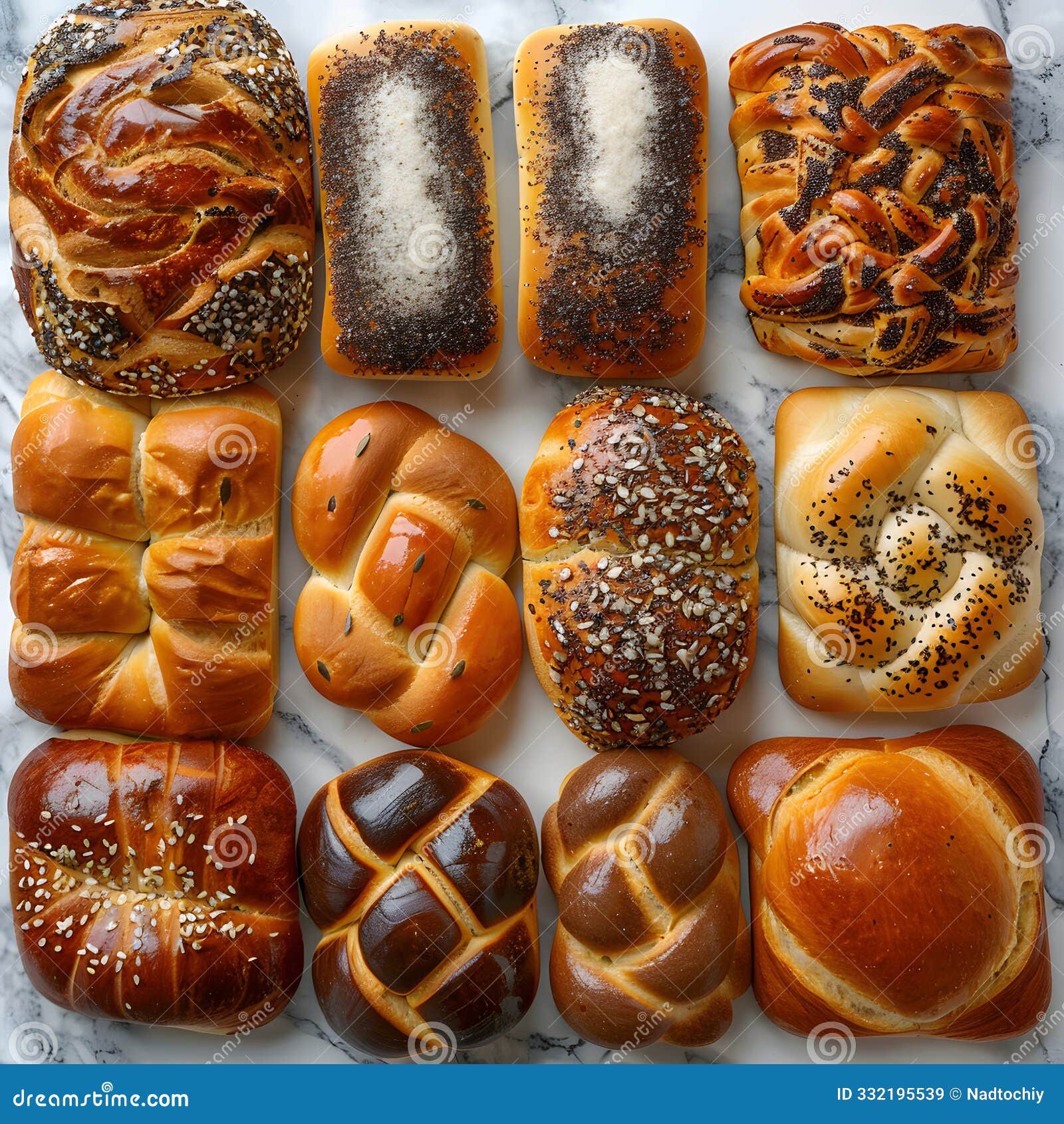 Assorted Bread Varieties Displayed on a Table of Baked Goods Stock ...