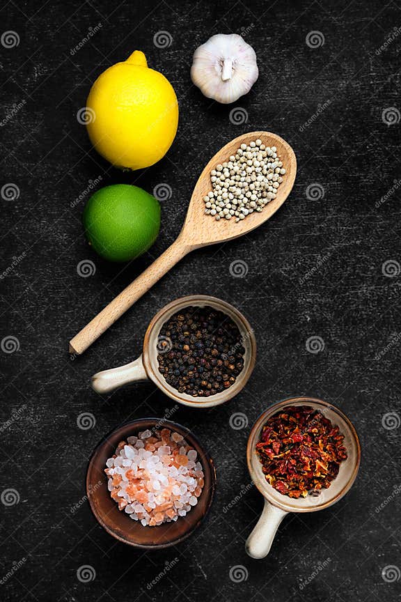 Assortment of Basic Spice for Fish Stock Photo - Image of condiment ...