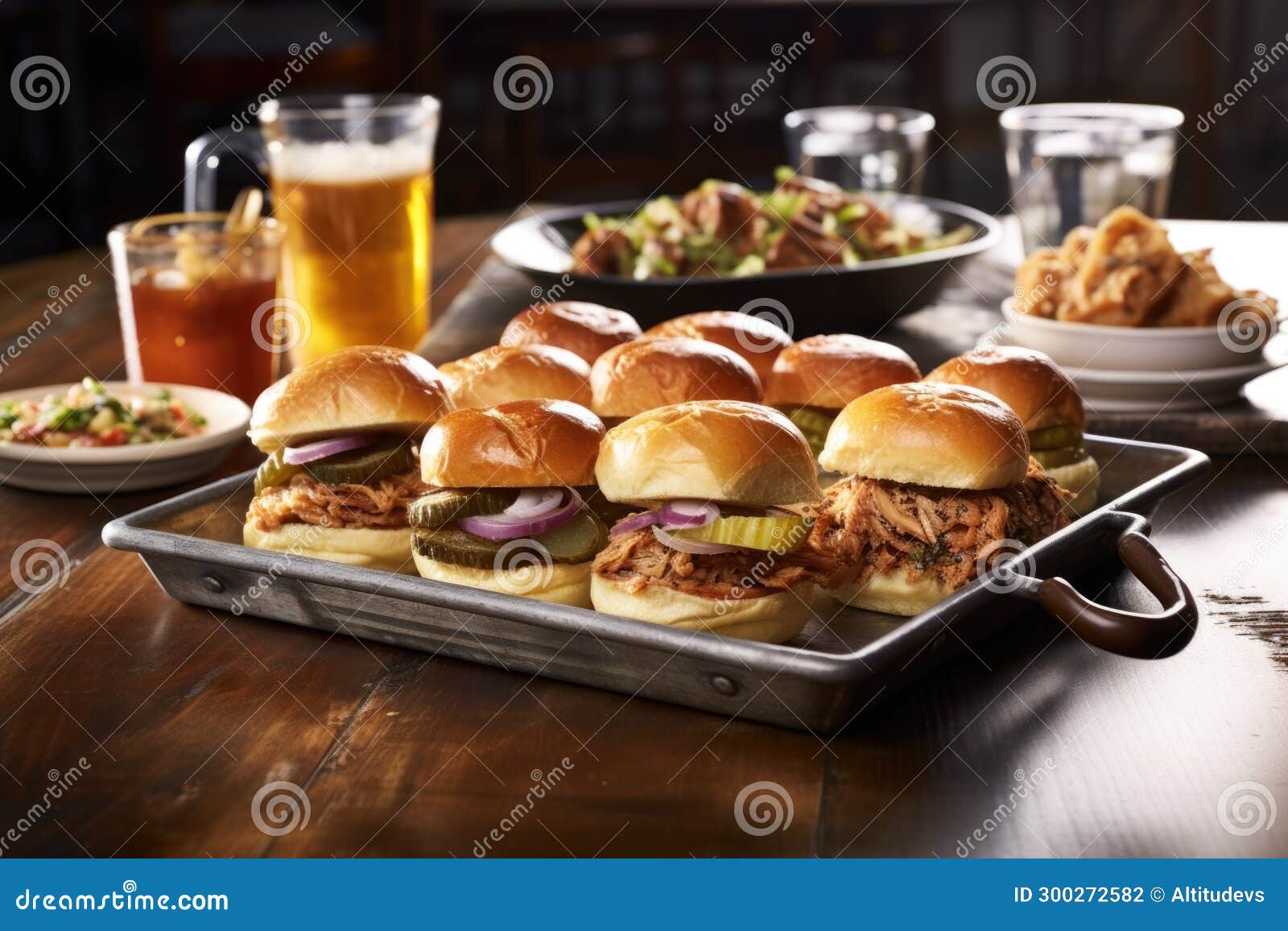 Assortment of Bbq Sliders on Tray Against Rustic Table Stock Photo ...