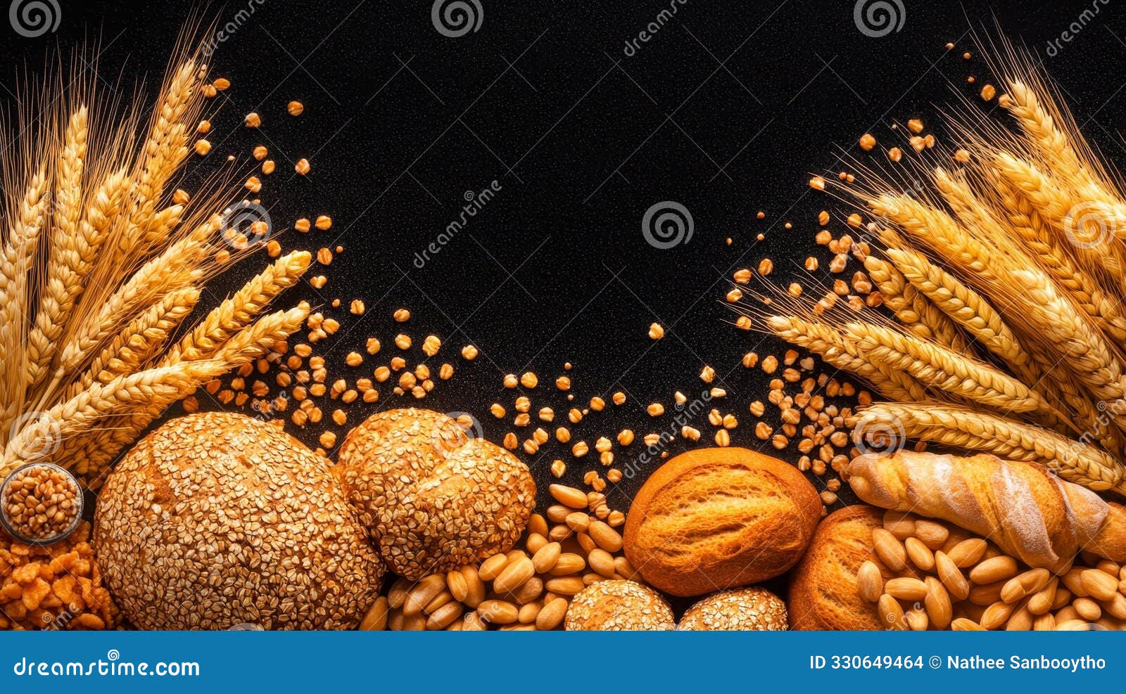 Assortment of Bread and Wheat Grains on Black Background Stock ...