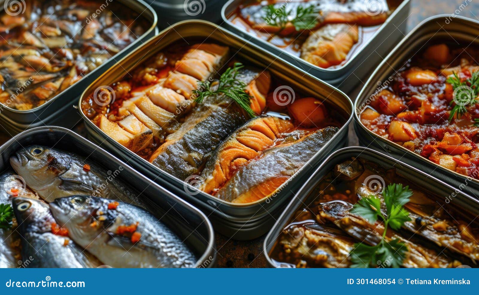 Assortment of Canned Fish in Open Tins Stock Photo - Image of goods ...