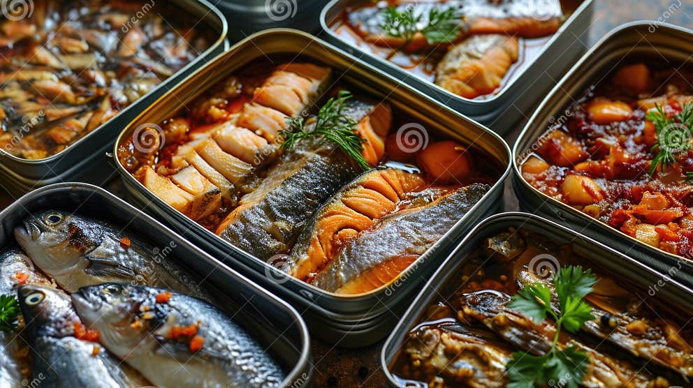 Assortment of Canned Fish in Open Tins Stock Photo - Image of goods ...