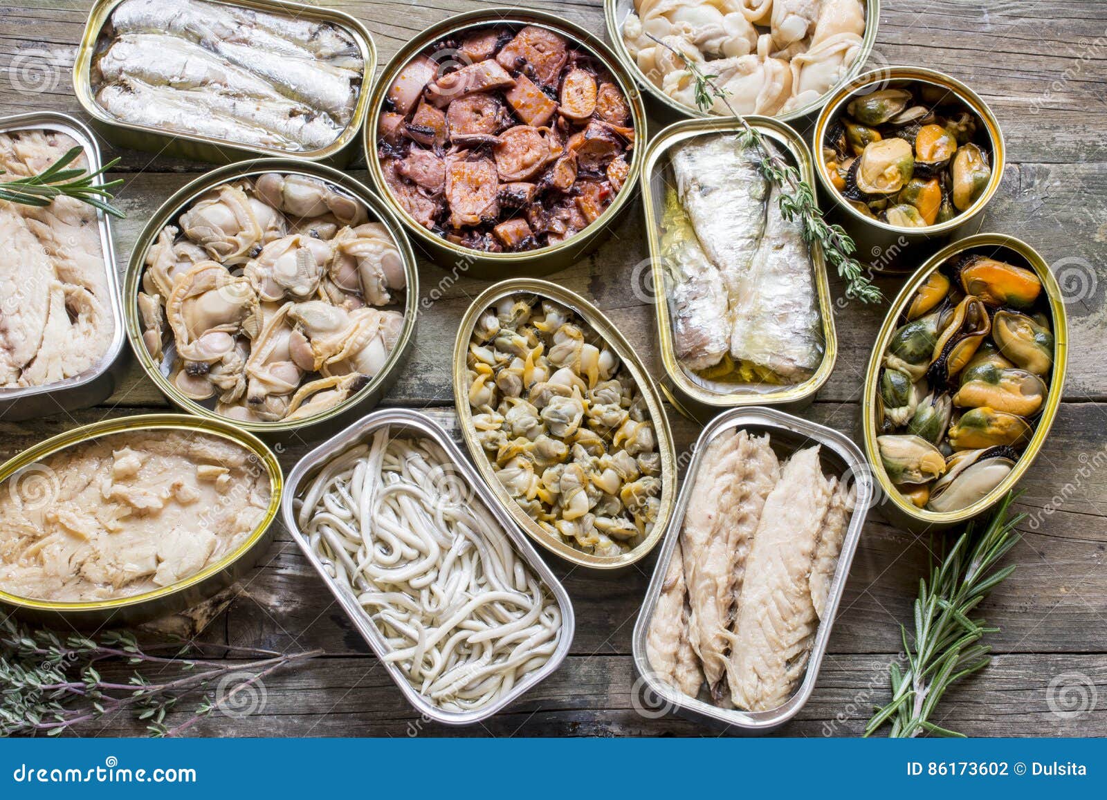 Assortment Of Cans Of Canned With Different Types Of Shapes Top View On ...