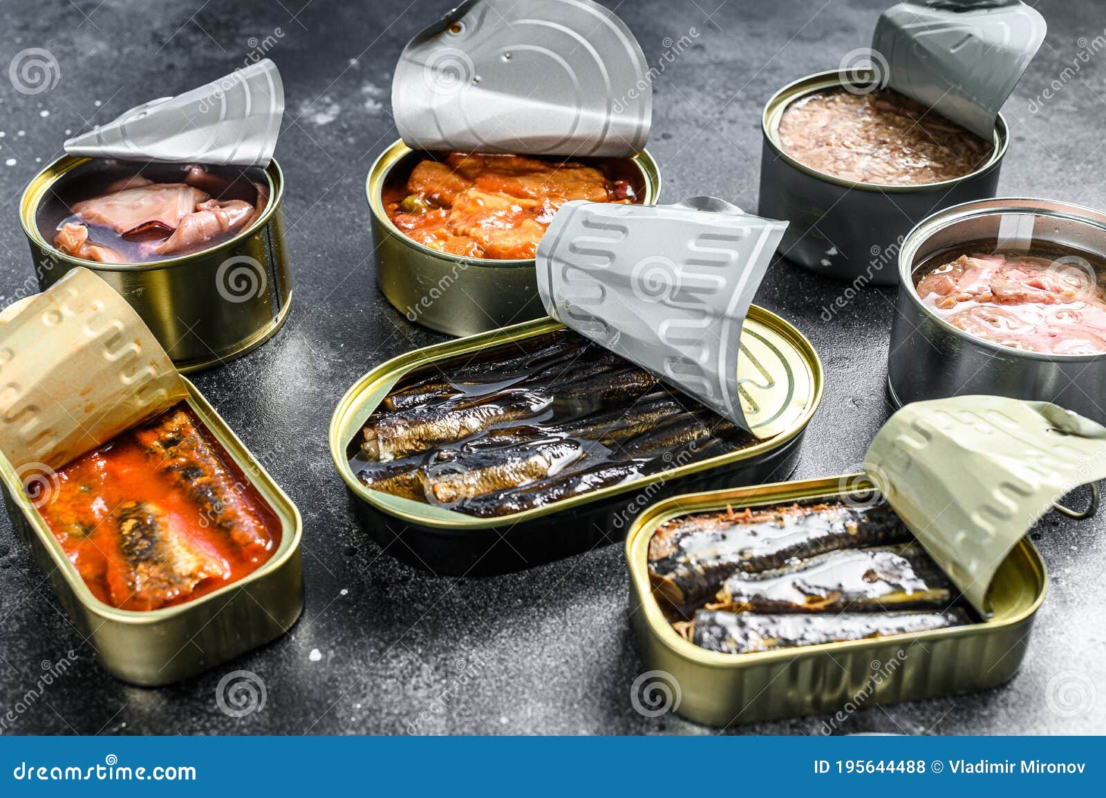 Assortment Of Cans Of Canned With Different Types Of Shapes Top View On ...