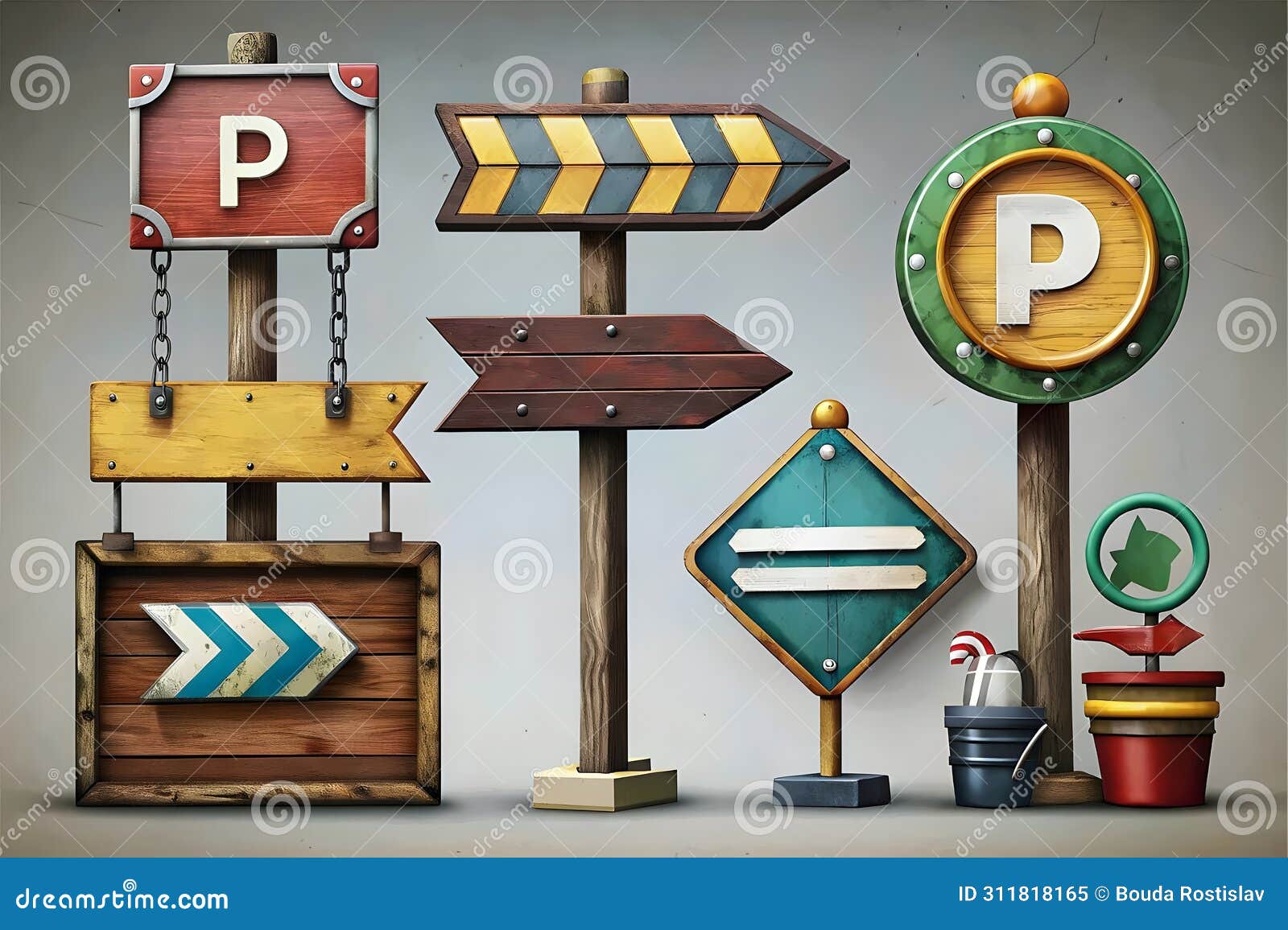 Assortment of Cartoonish Directional and Parking Signs Stock ...