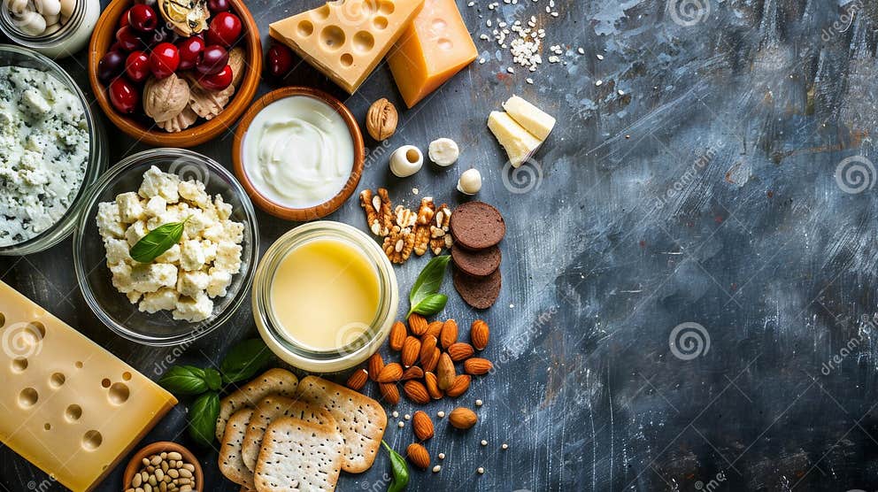 Assorted Cheeses and Snacks on Rustic Surface Stock Illustration ...