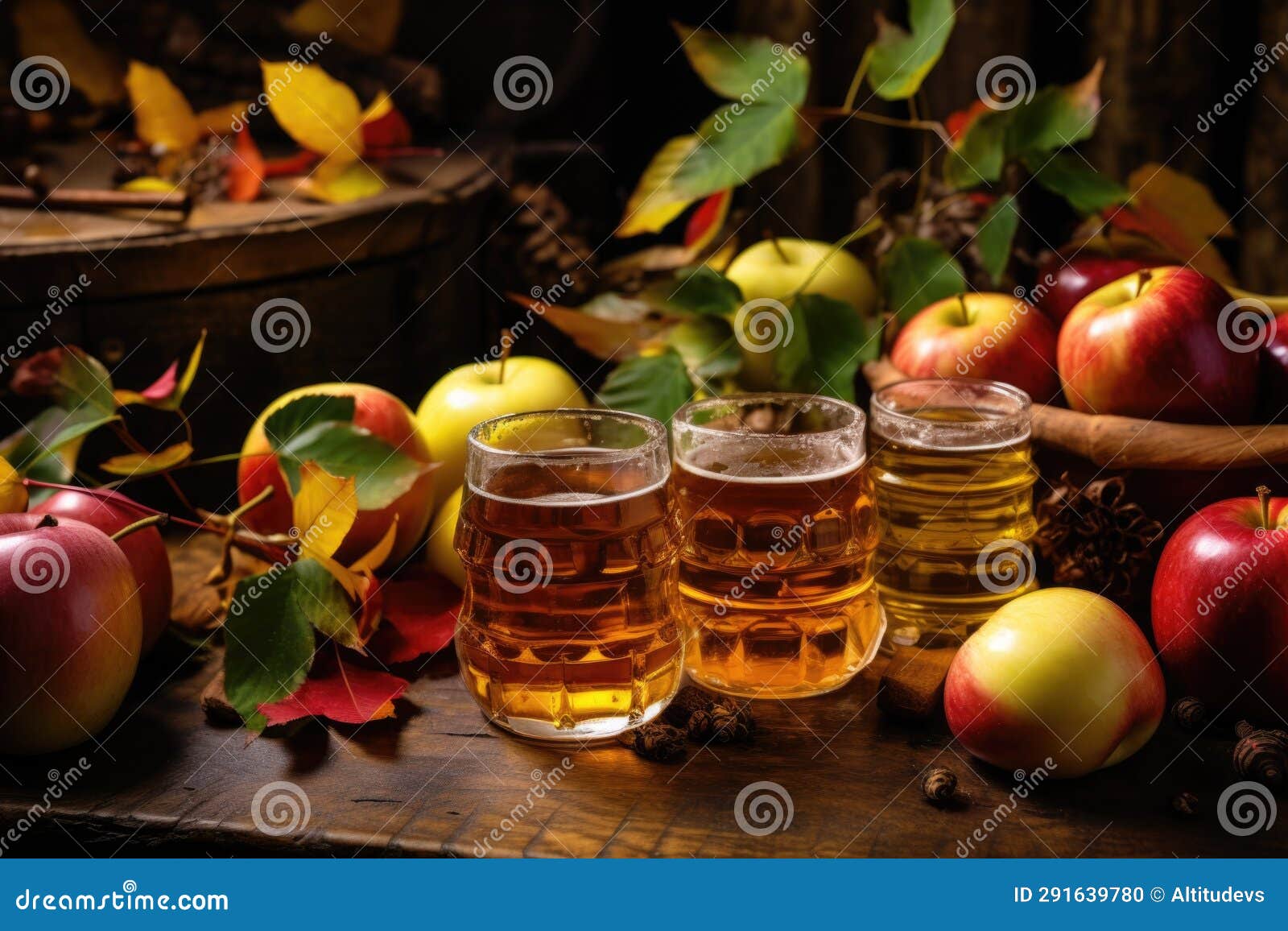 Assortment of Ciders with Fallen Leaves on a Table Stock Photo - Image ...