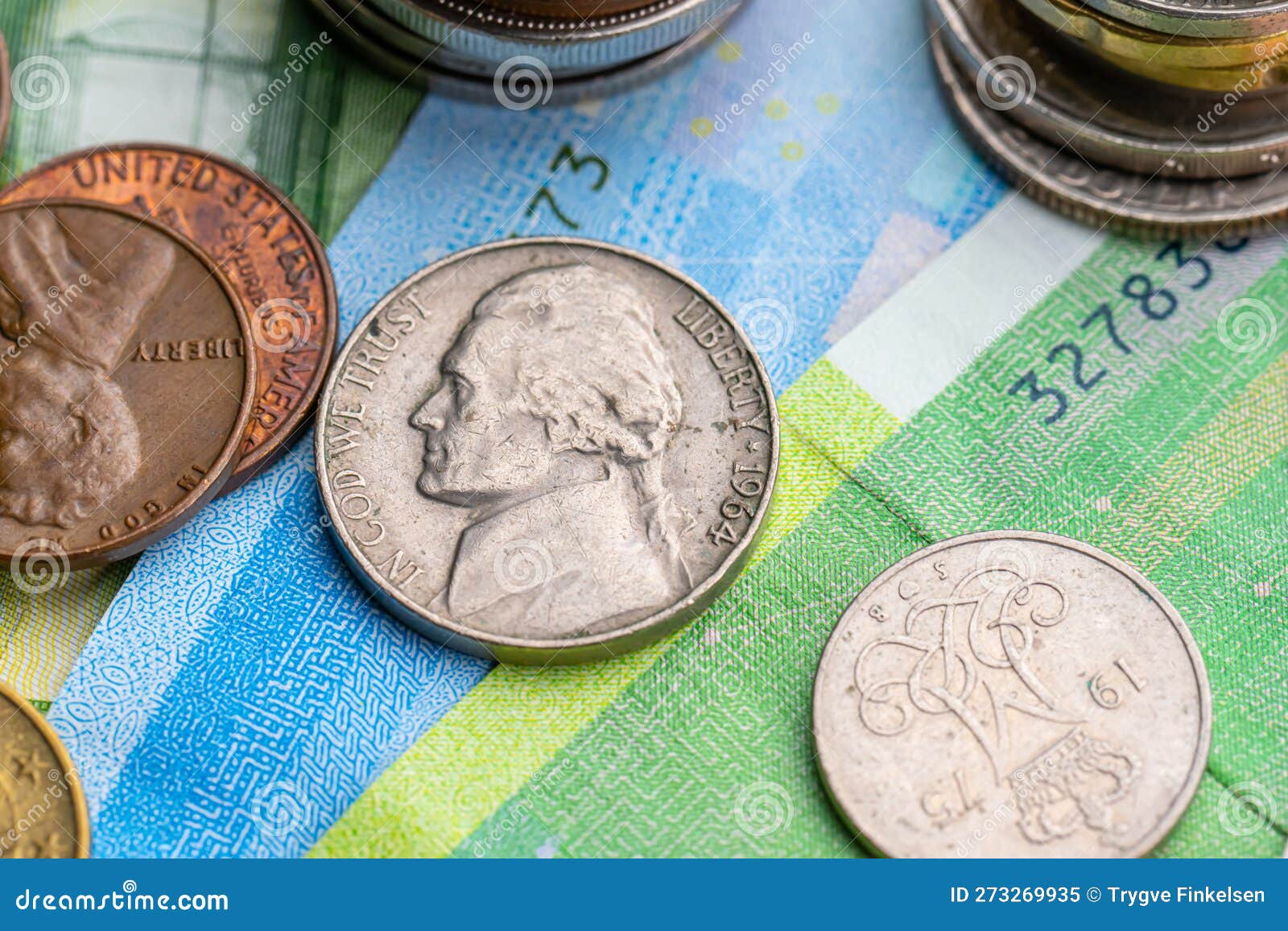 Assortment of Coins on Bank Notes from Different Countries.. Stock ...