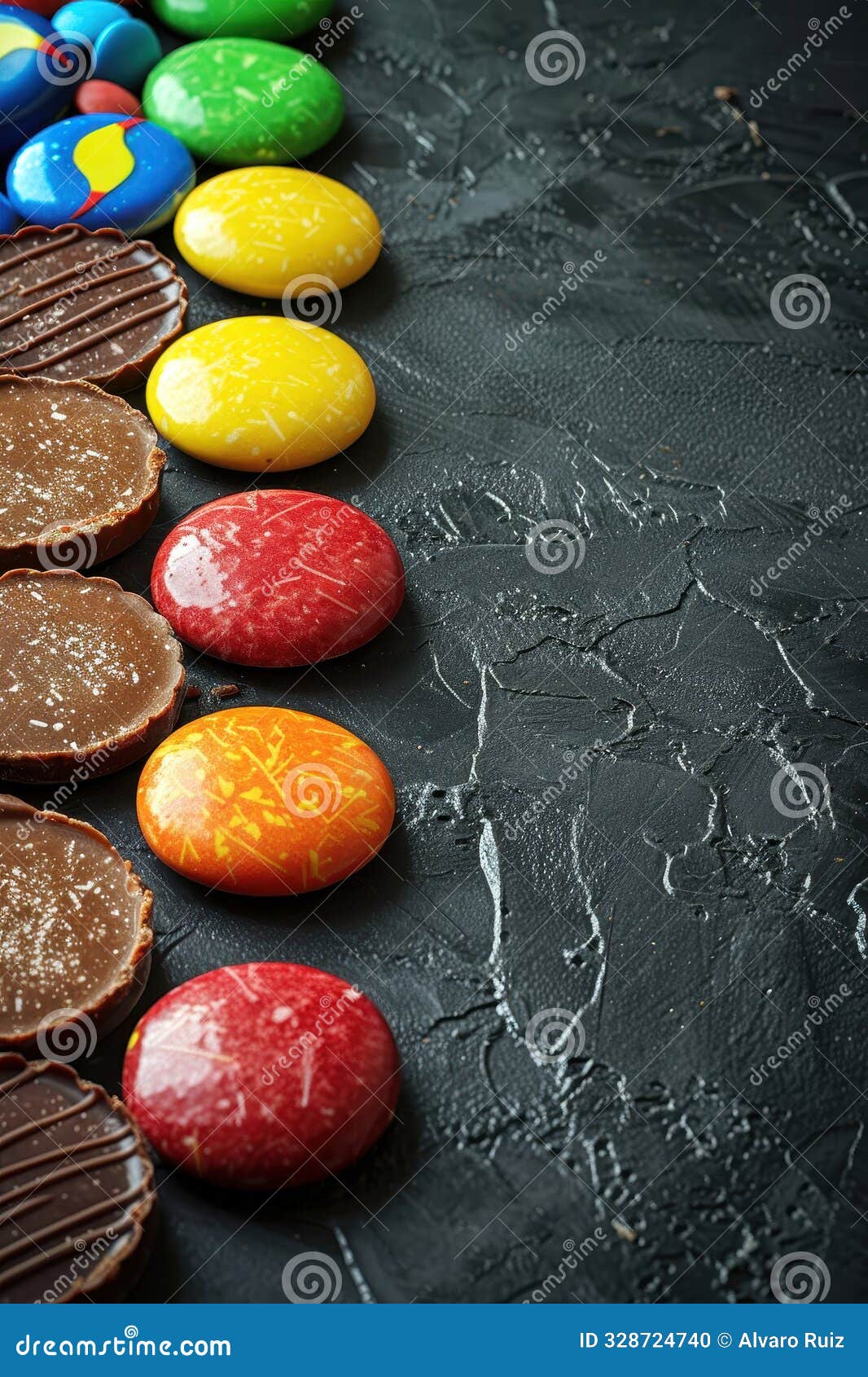 Assortment of Colorful Candies and Chocolates on Dark Textured Surface ...
