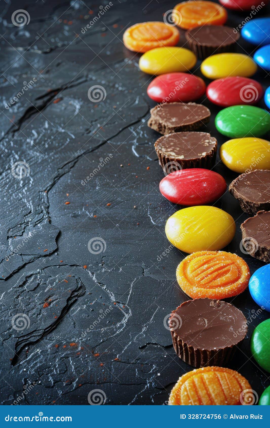 Assortment of Colorful Candies and Chocolates on Dark Textured Surface ...