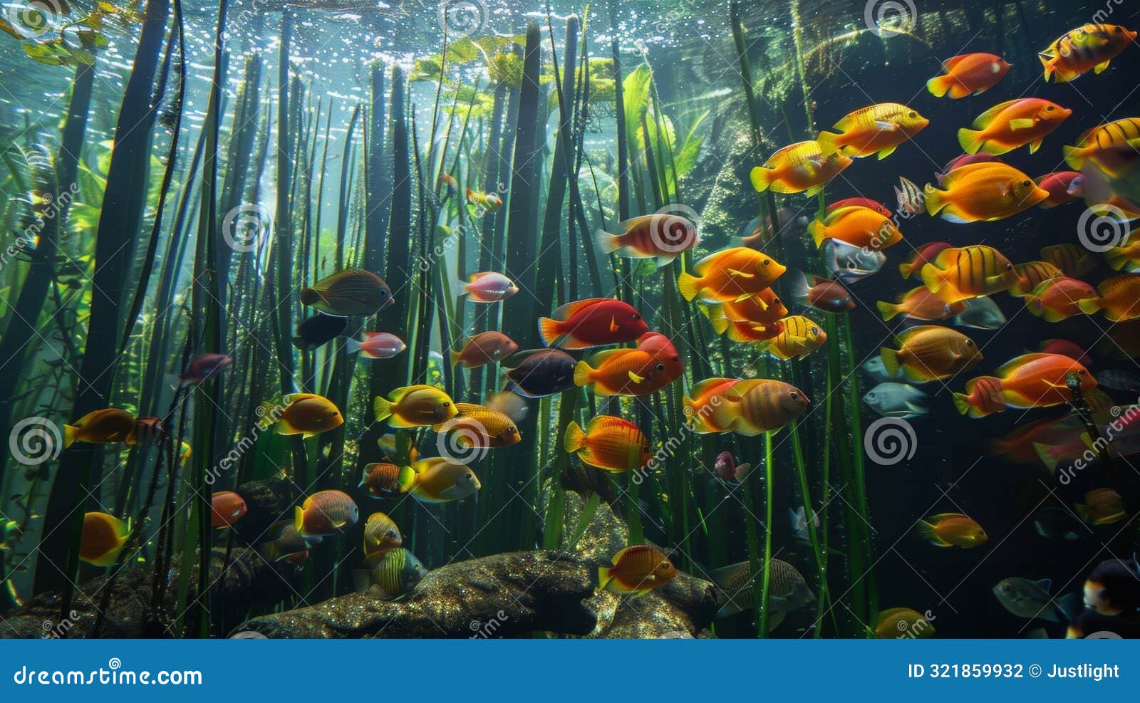 An Assortment of Colorful Fish Swimming a Root Systems and Floating ...