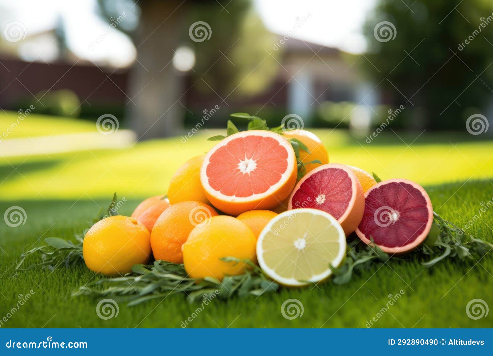 An Assortment of Different Citrus Fruits on a Grass Lawn Stock Photo ...