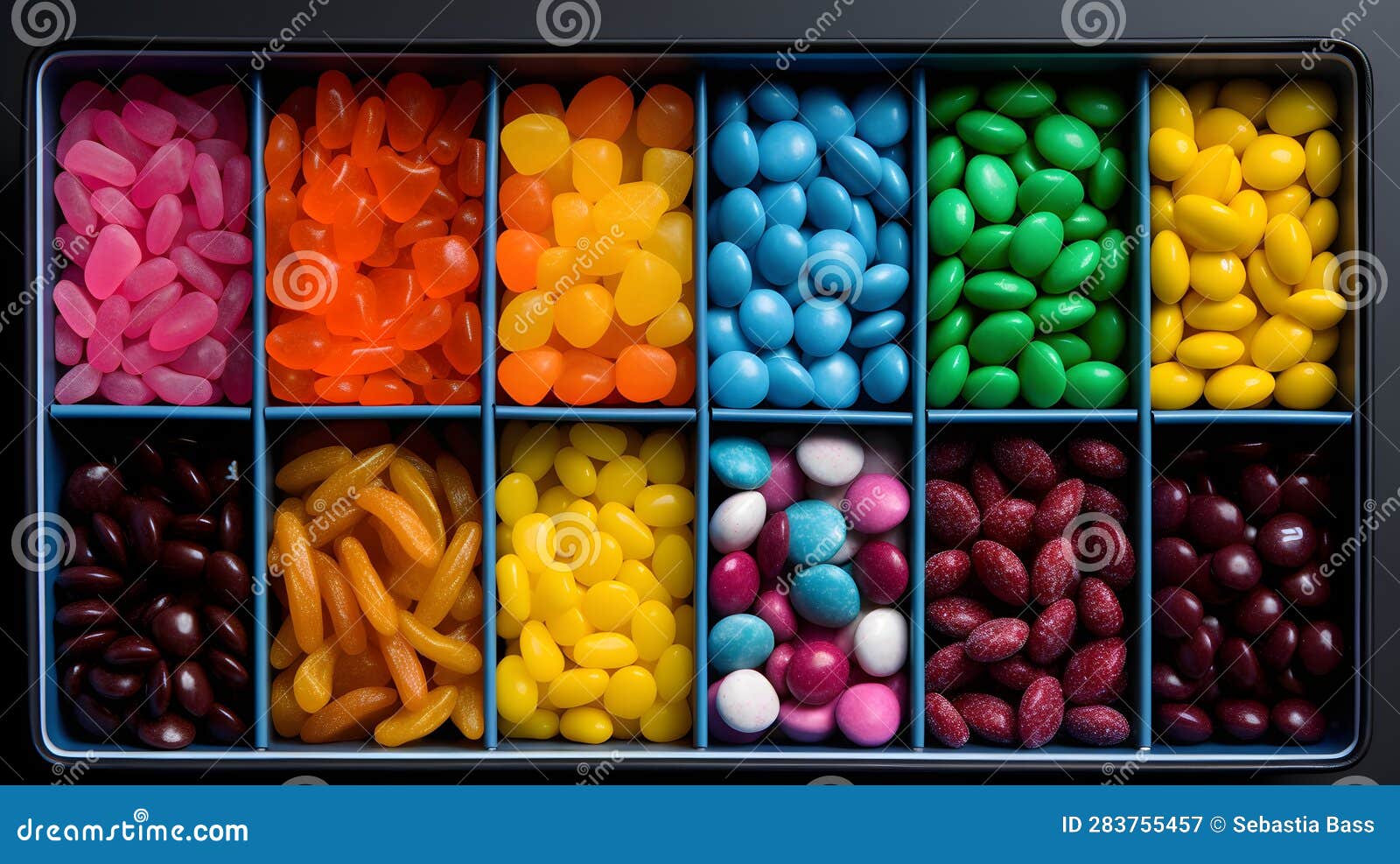 An Assortment of Different Colored Chewy Candies in Square Trays Stock ...