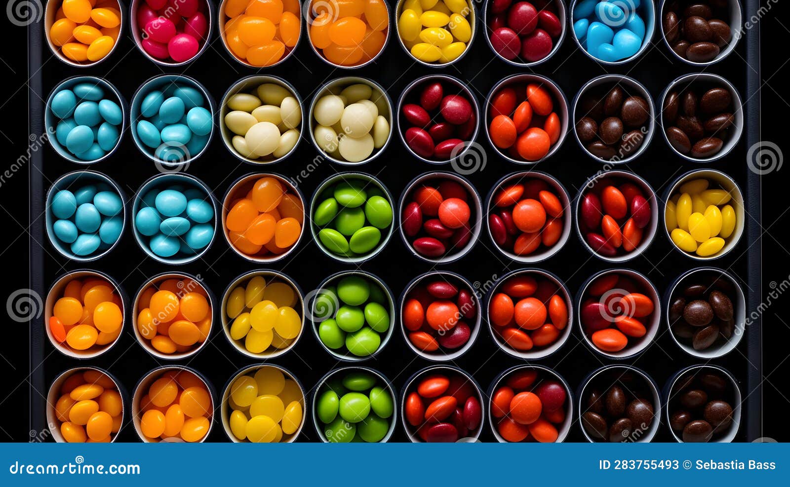 An Assortment of Different Colored Chewy Candies in Square Trays Stock ...
