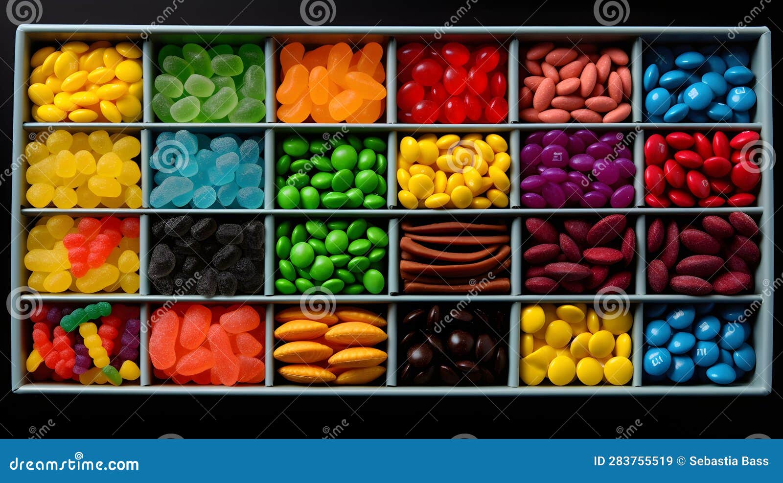 An Assortment of Different Colored Chewy Candies in Square Trays Stock ...
