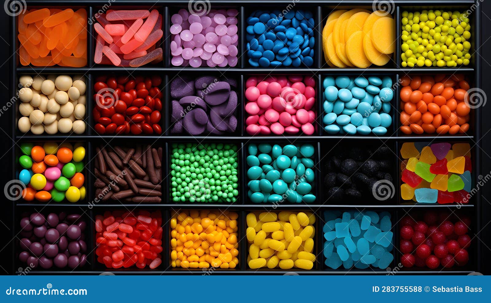 An Assortment of Different Colored Chewy Candies in Square Trays Stock ...