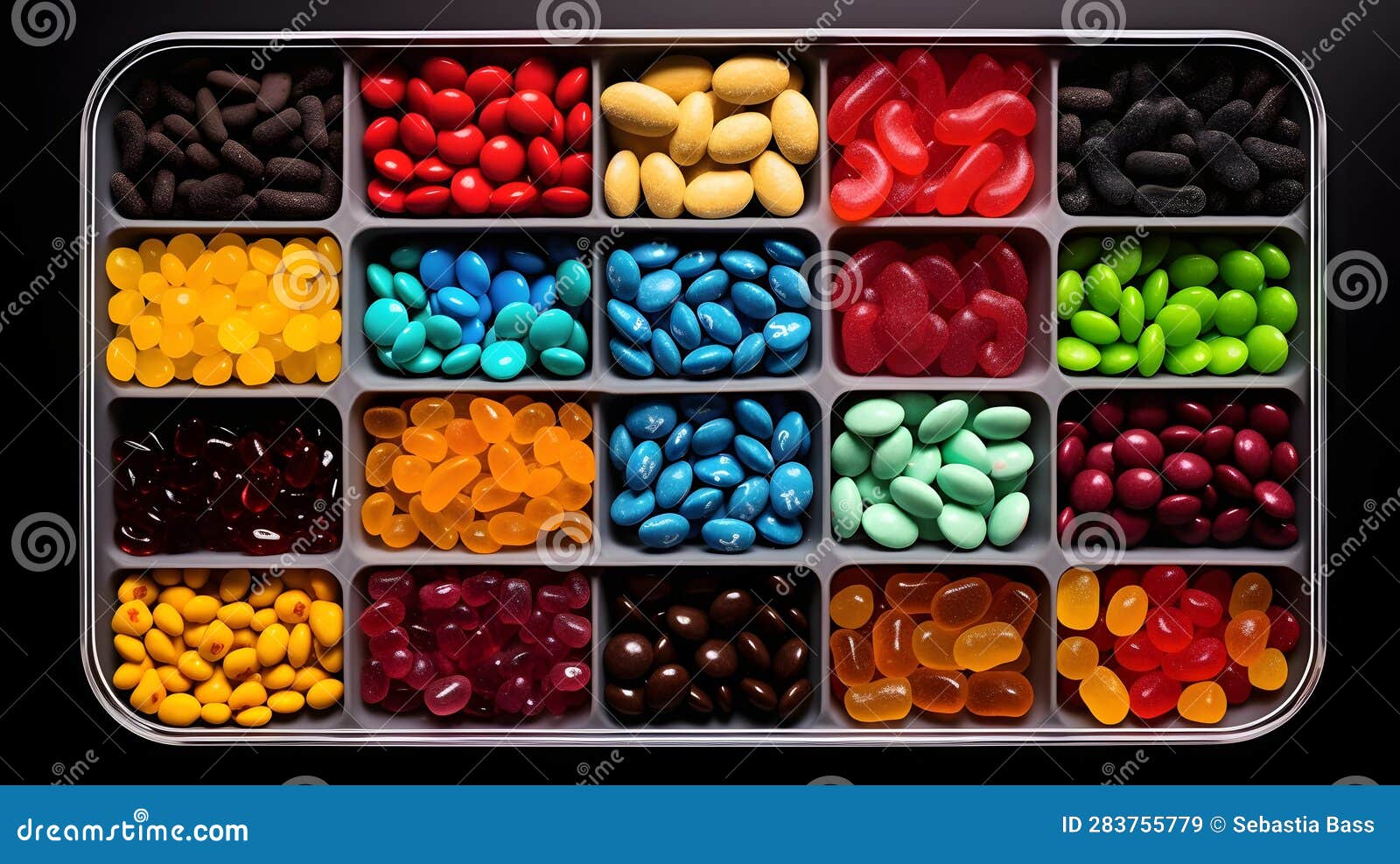 An Assortment of Different Colored Chewy Candies in Square Trays Stock ...