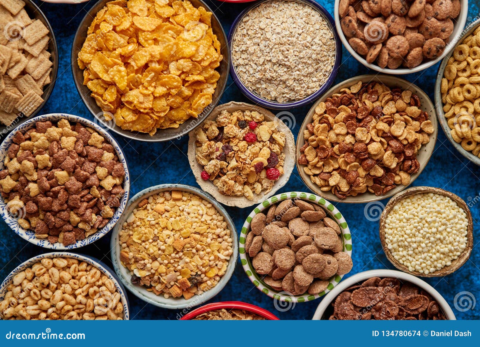 Assortment of Different Kinds Cereals Placed in Ceramic Bowls on Table ...