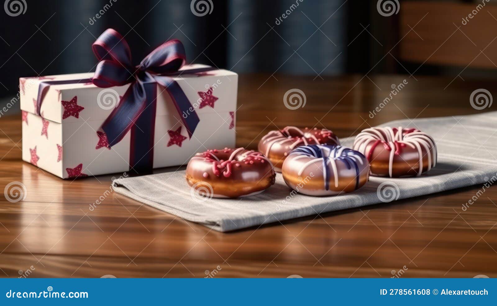 Assortment of Donuts with Icing with American Flag Pattern on Icing on ...
