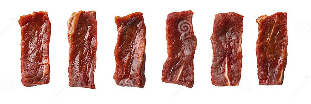 Dried Beef Strips Arranged on a White Surface Showcasing Different Textures and Colors in a Food ...