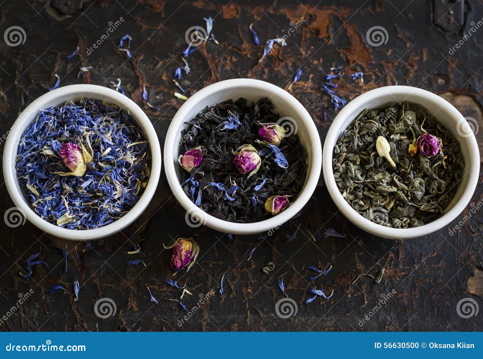 Assortment of Dried Tea in White Bowls Stock Photo - Image of herbal ...