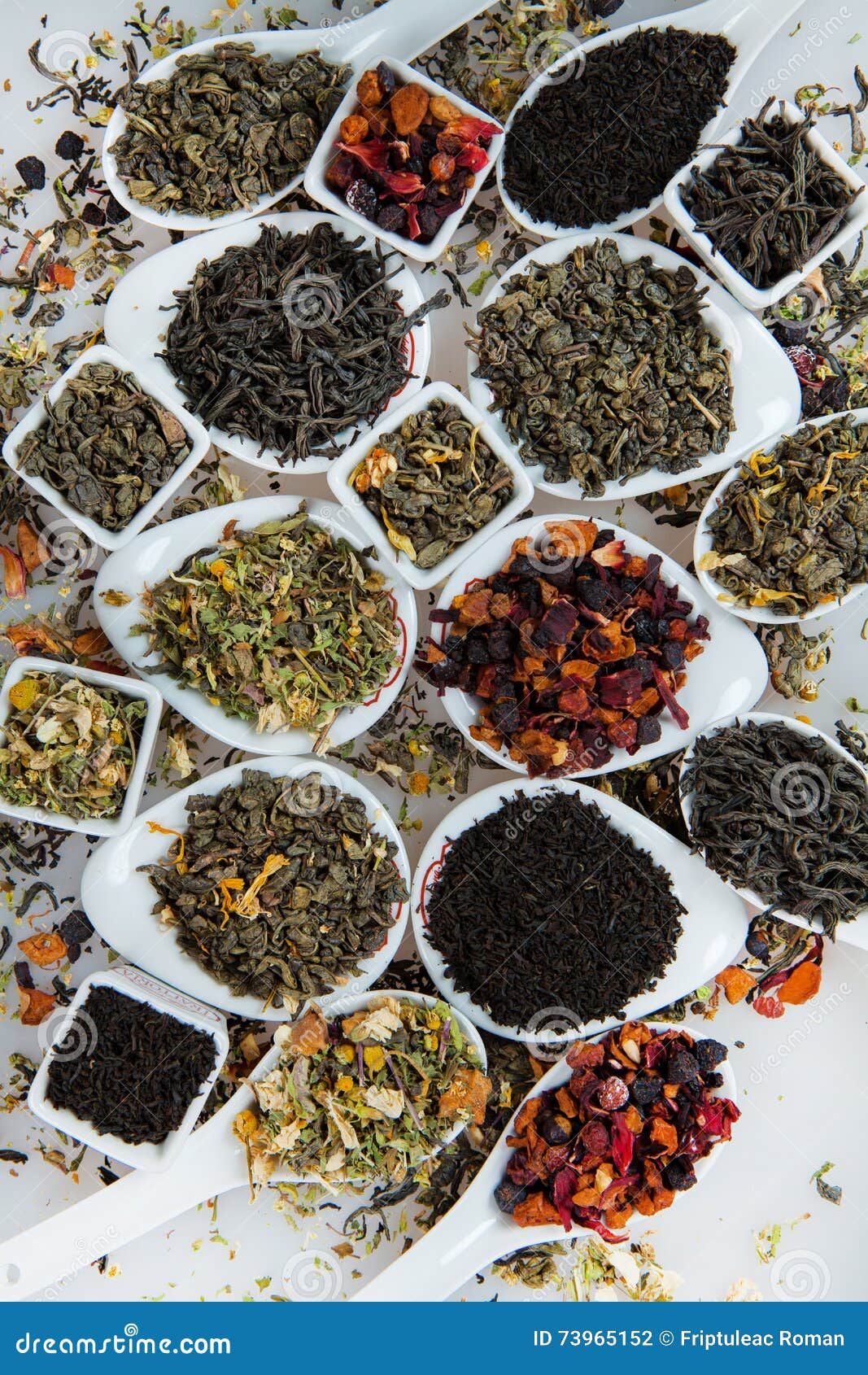 Assortment of Dry Tea. Various Kinds of Tea Isolated on White.Different ...