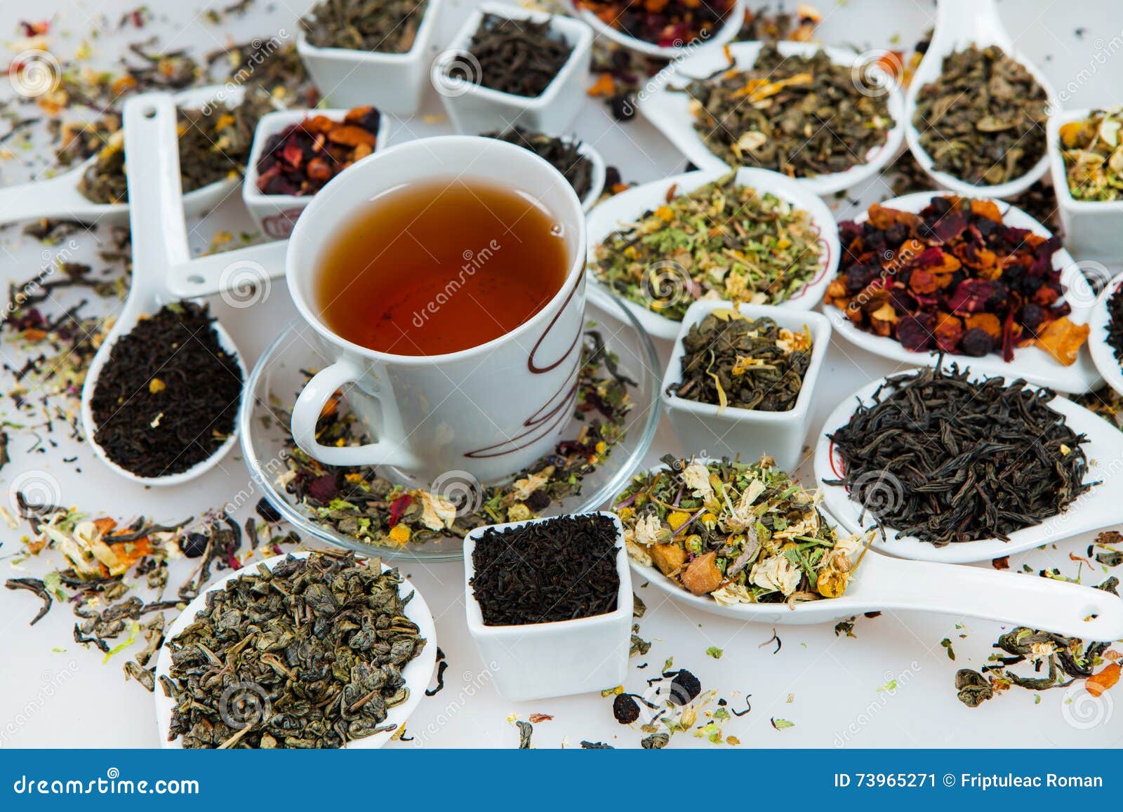 Assortment of Dry Tea. Various Kinds of Tea Isolated on White.Different ...