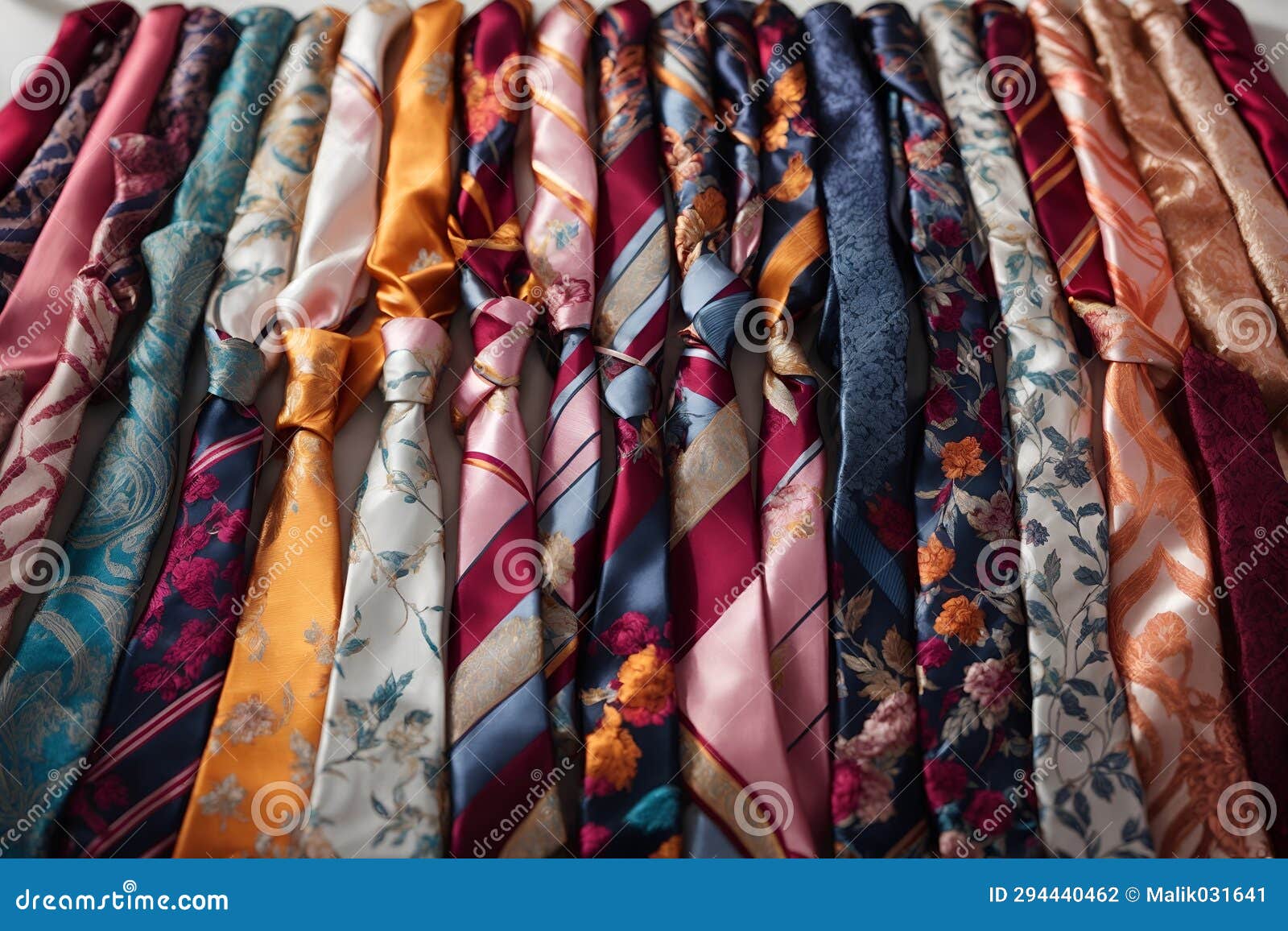 An Assortment of Elegant Silk Ties with Different Patterns, Neatly ...
