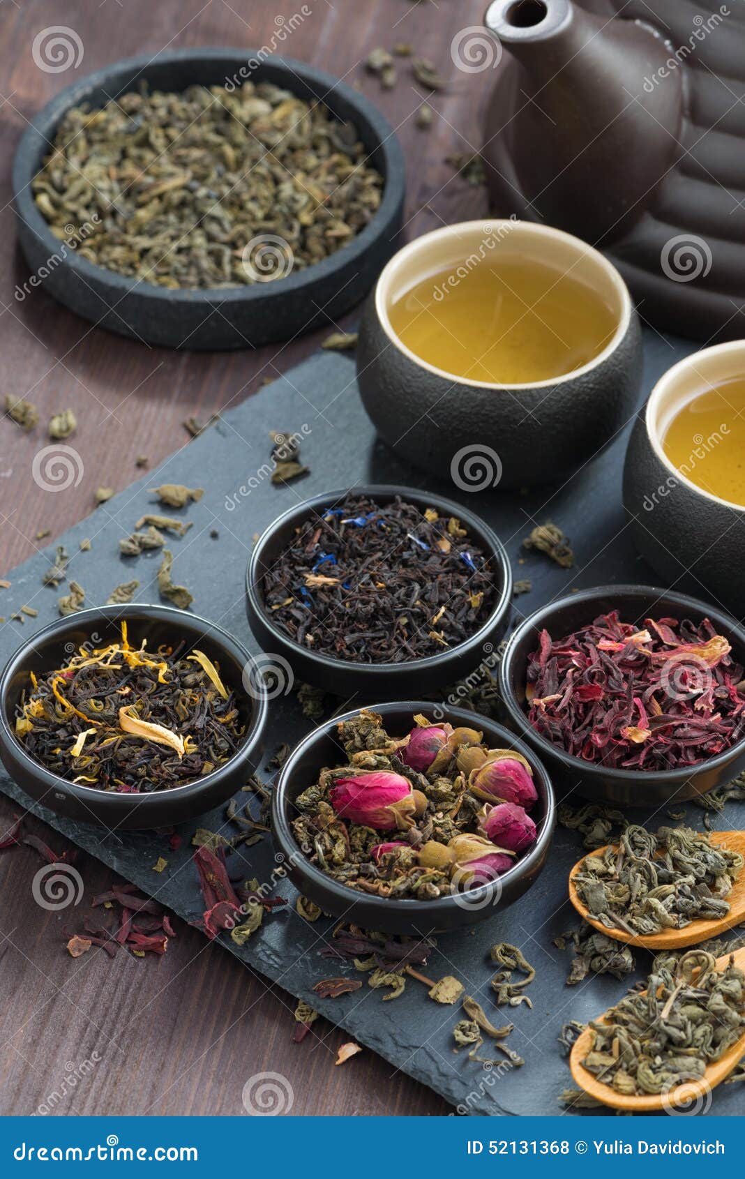 Assortment of Fragrant Dried Teas and Green Tea, Top View Stock Photo ...