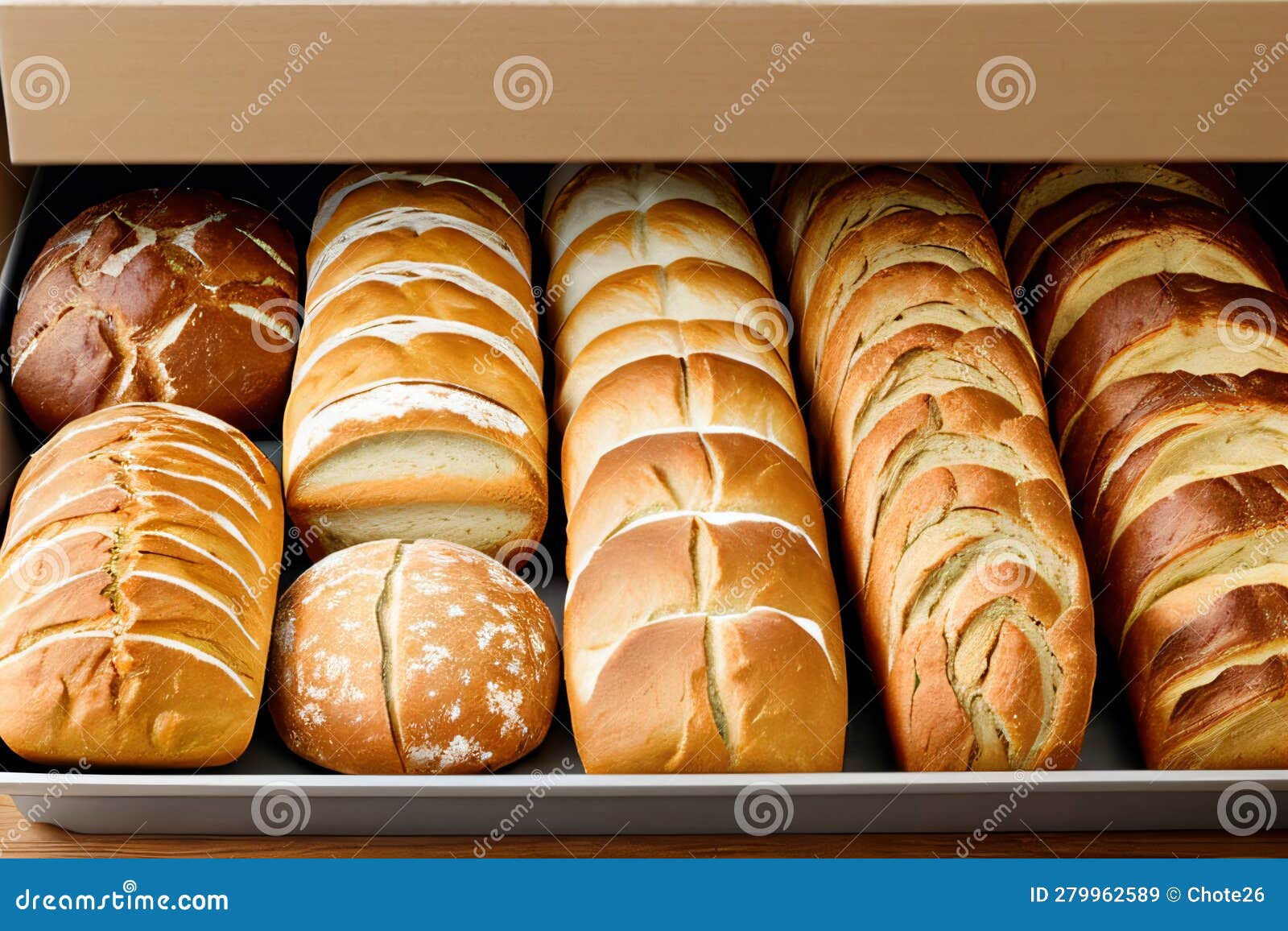 Assortment of Fresh Baked Bread in a Box. Close Up Generative AI Stock ...