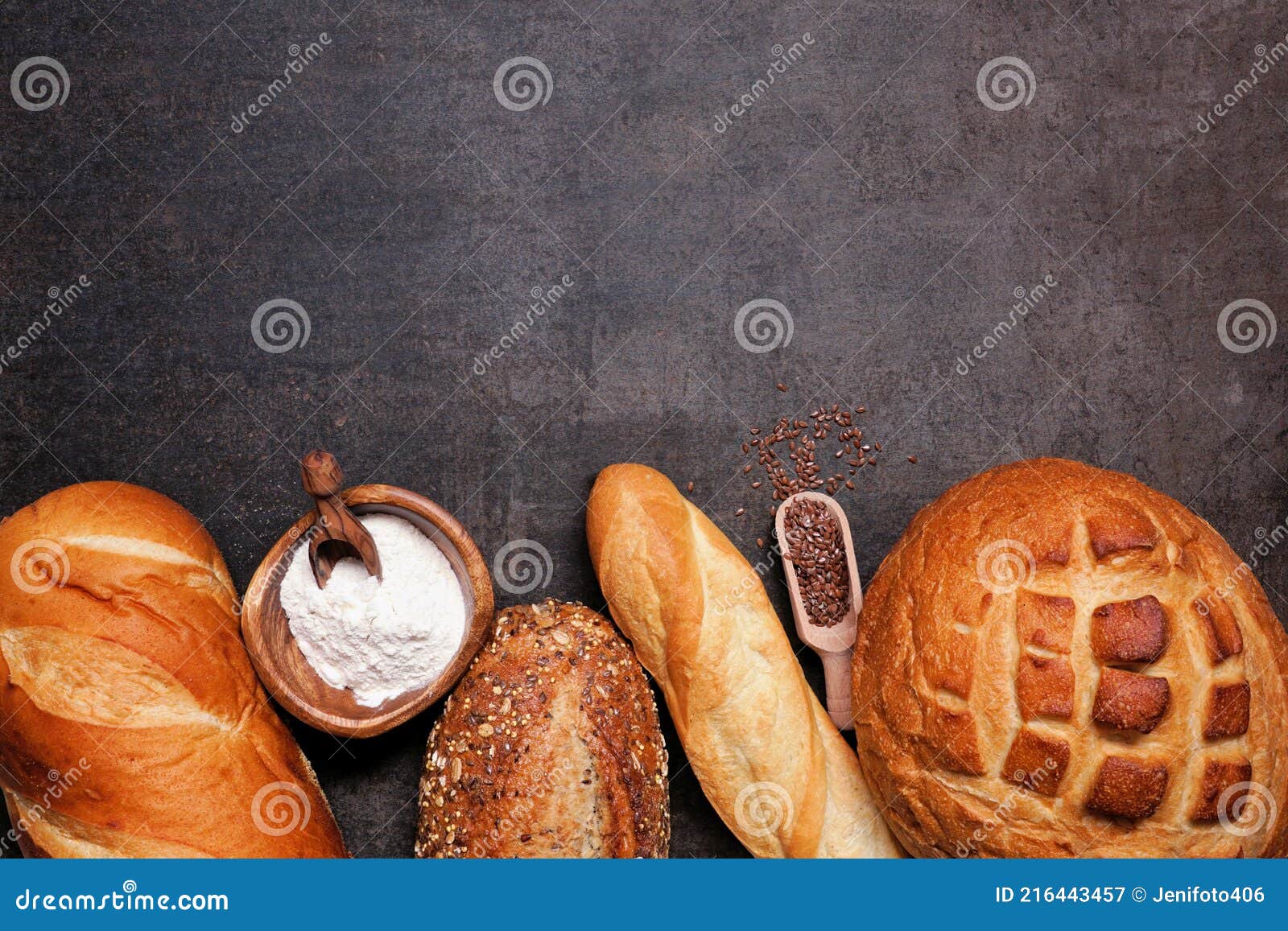 Assortment of Fresh Baked Breads, Top View Bottom Border on a Dark ...