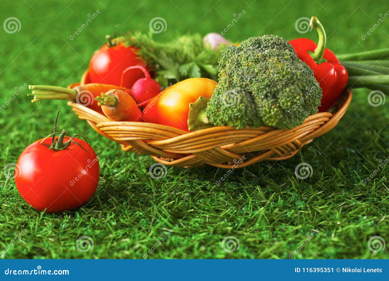 Assortment of Fresh Fruits and Vegetables in a Basket on the Grass ...