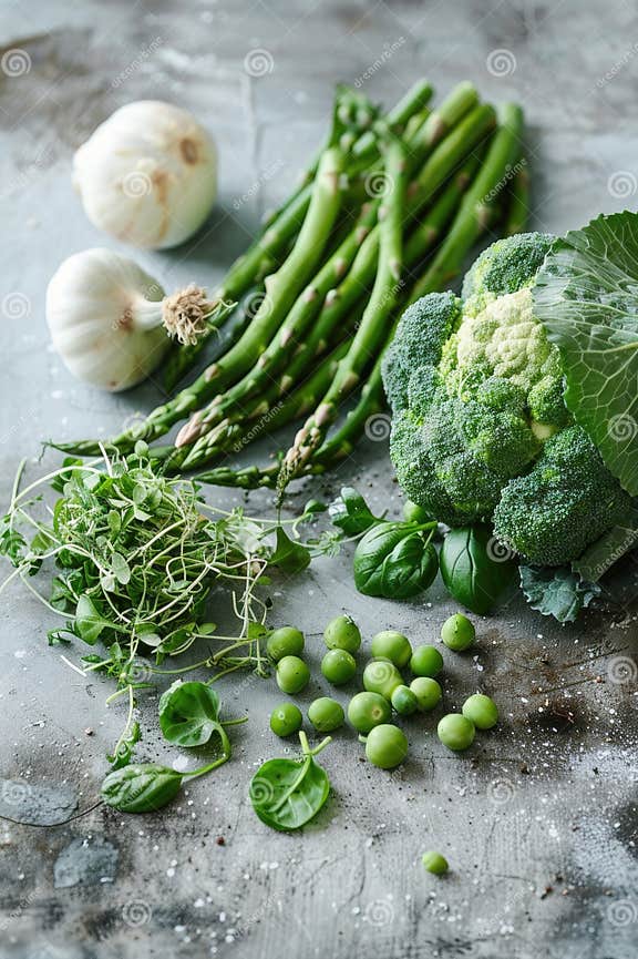 Assortment of Fresh Green Vegetables on Textured Surface Stock Photo ...