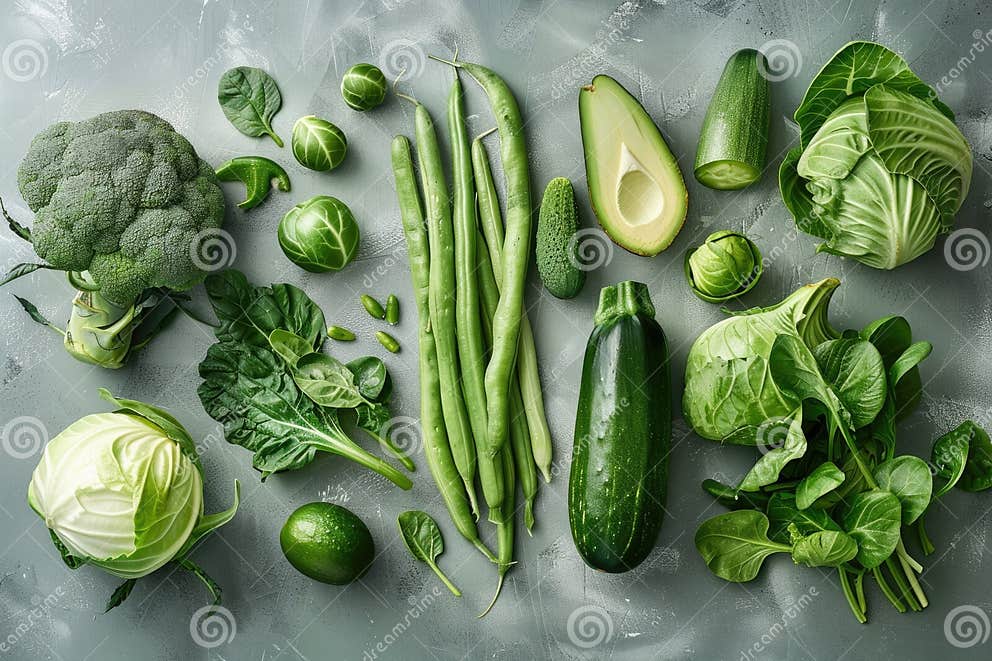 Assortment of Fresh Green Vegetables on Textured Surface Stock Photo ...