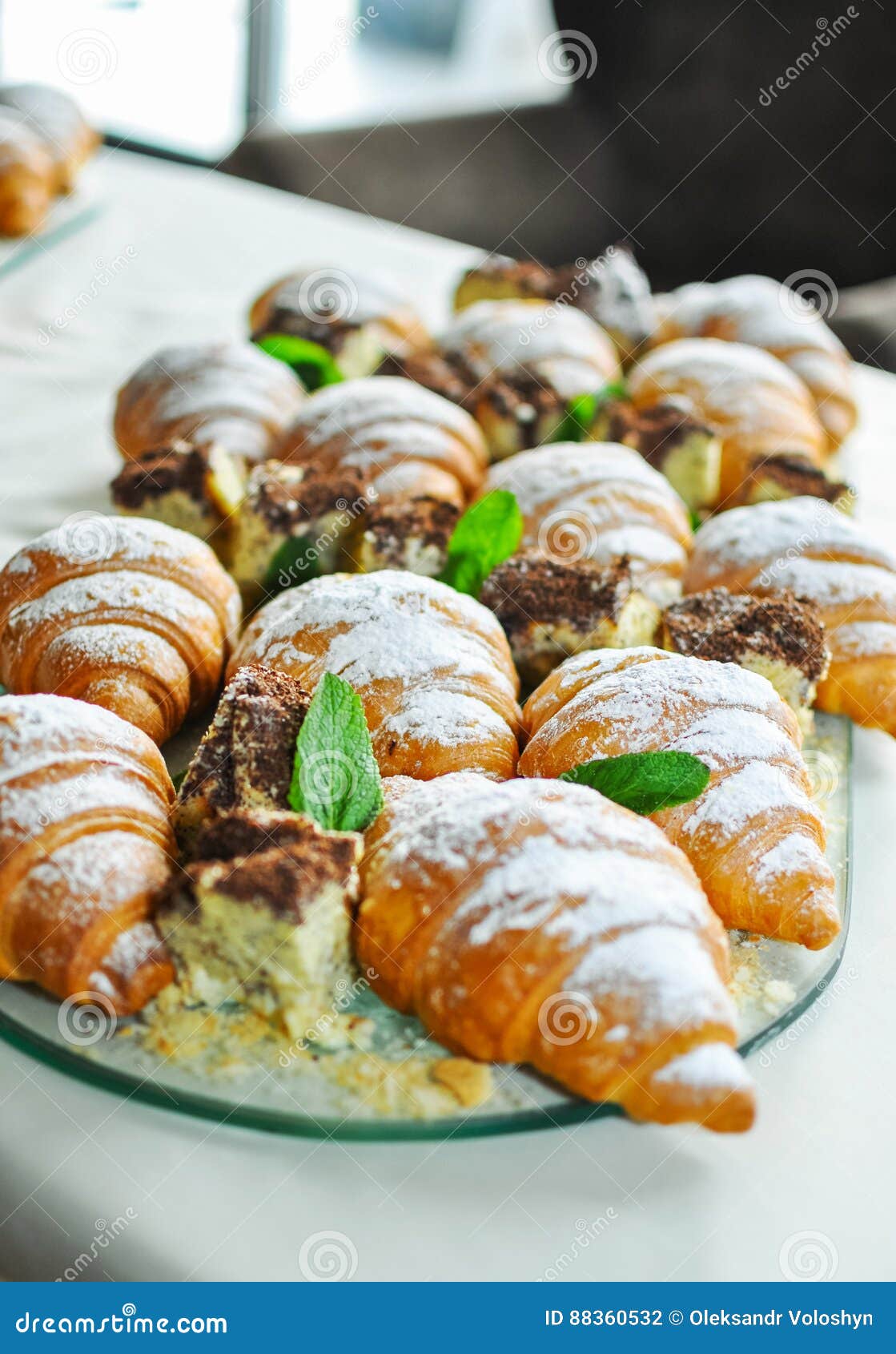 Assortment of Fresh Pastry on Table in Buffet. Croissants and Cakes ...