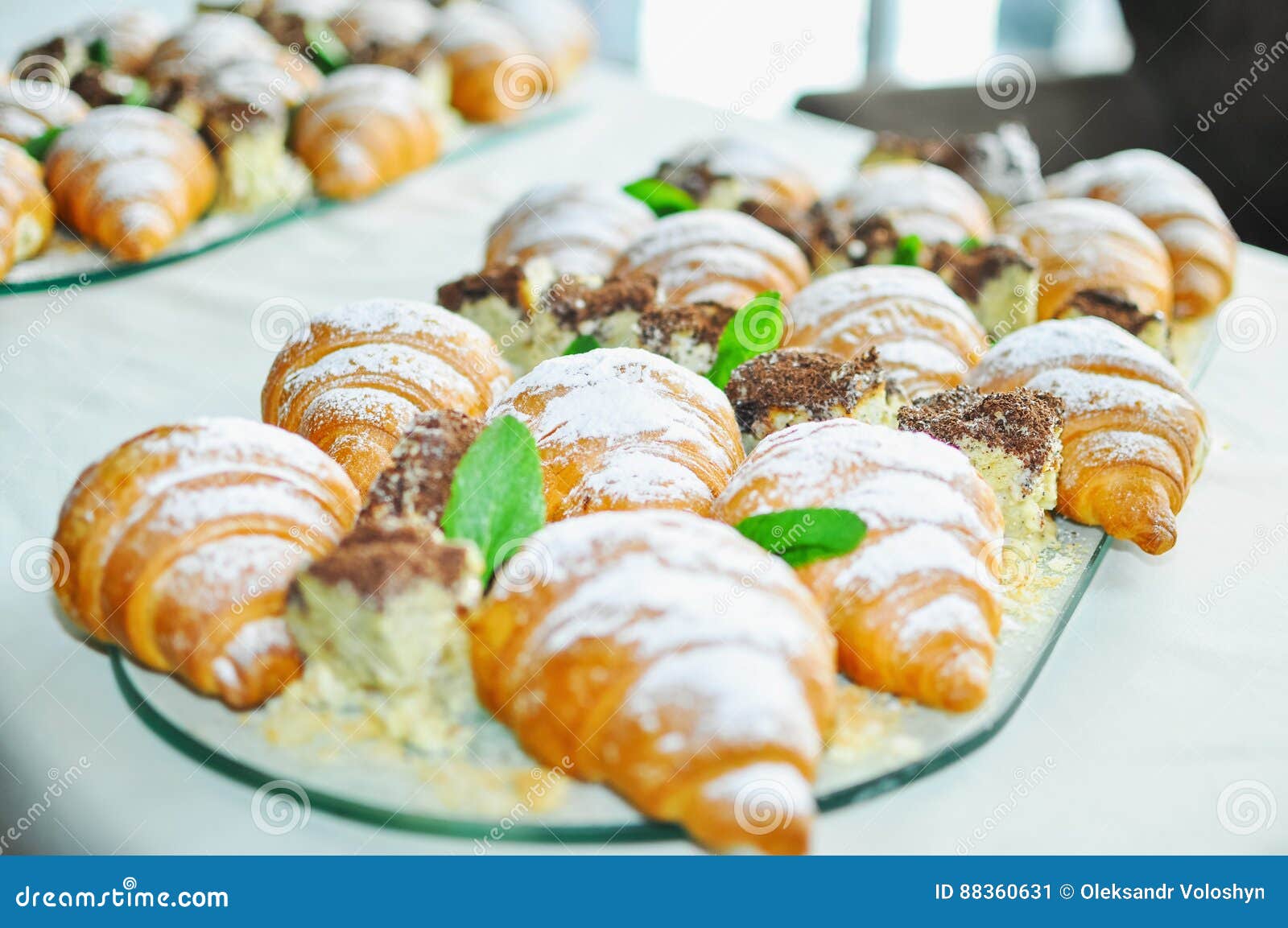 Assortment of Fresh Pastry on Table in Buffet. Croissants and Cakes ...
