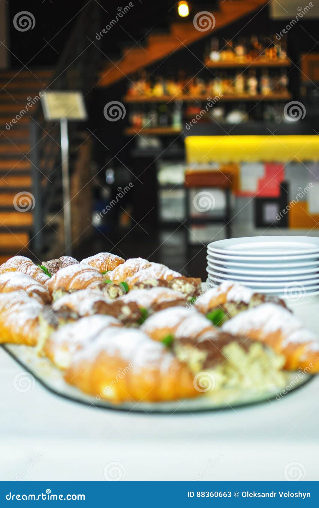 Assortment of Fresh Pastry on Table in Buffet. Croissants and Cakes ...