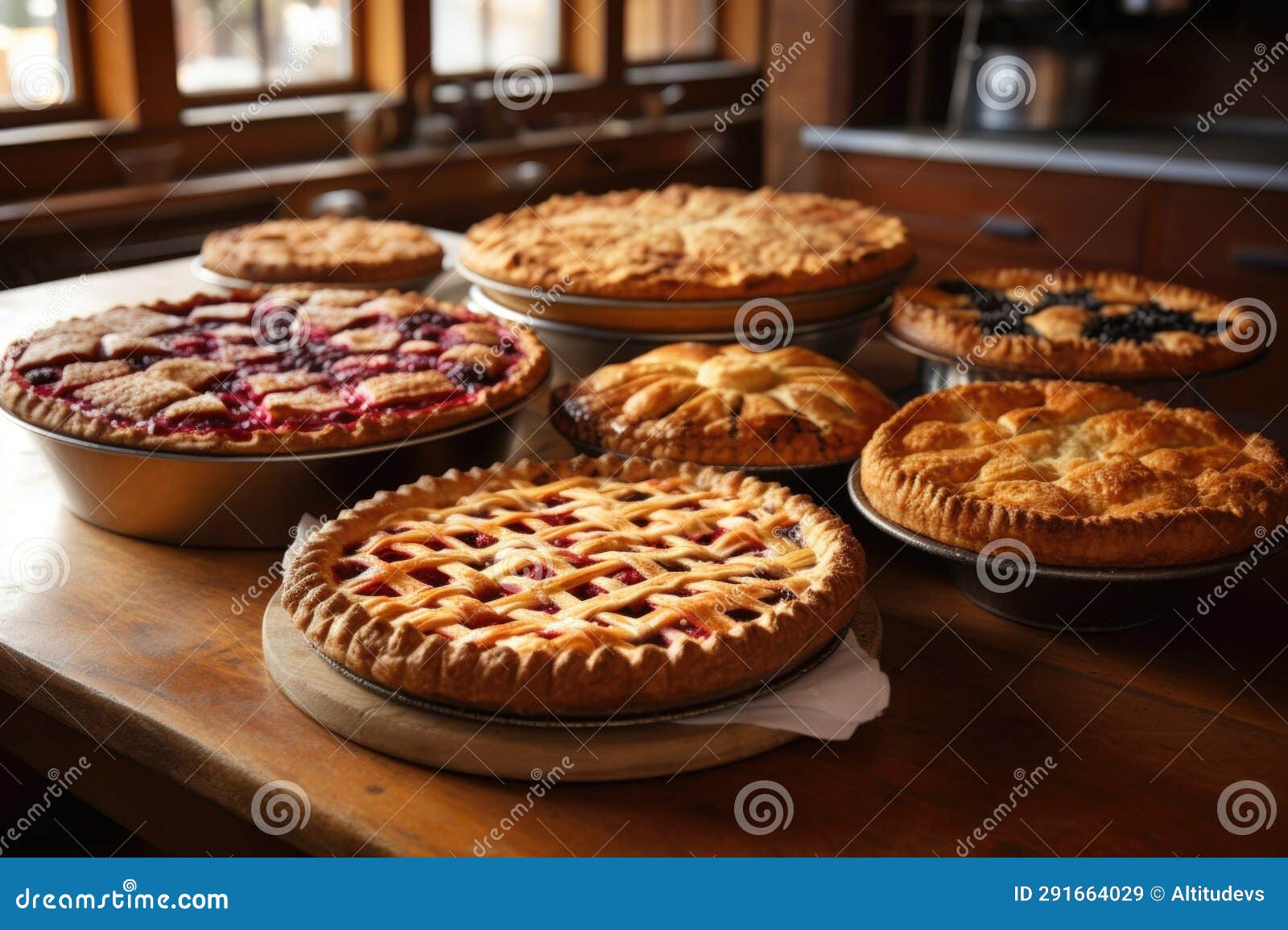 An Assortment of Freshly Baked Pies on a Kitchen Counter Stock Image ...