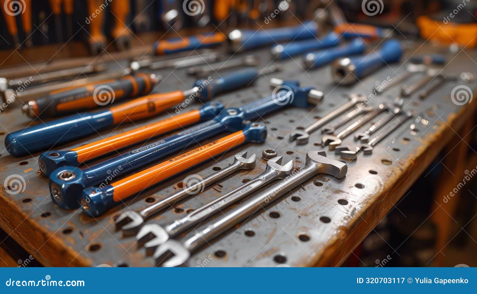 Assortment of Hand Tools on a Metal Workbench Stock Image - Image of ...